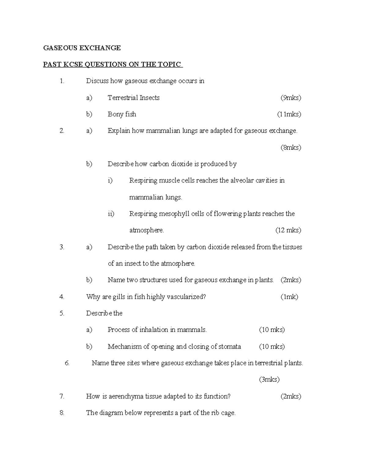 KCSE Past Questions on Gaseous Exchange - Form 2 Study Guide - Studocu