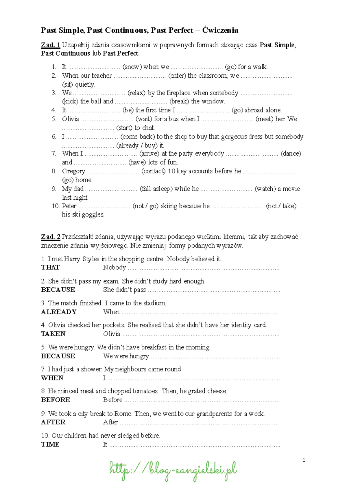 Past Simple, Past Continuous, Past Perfect – Ćwiczenia 2 Revision - Studocu