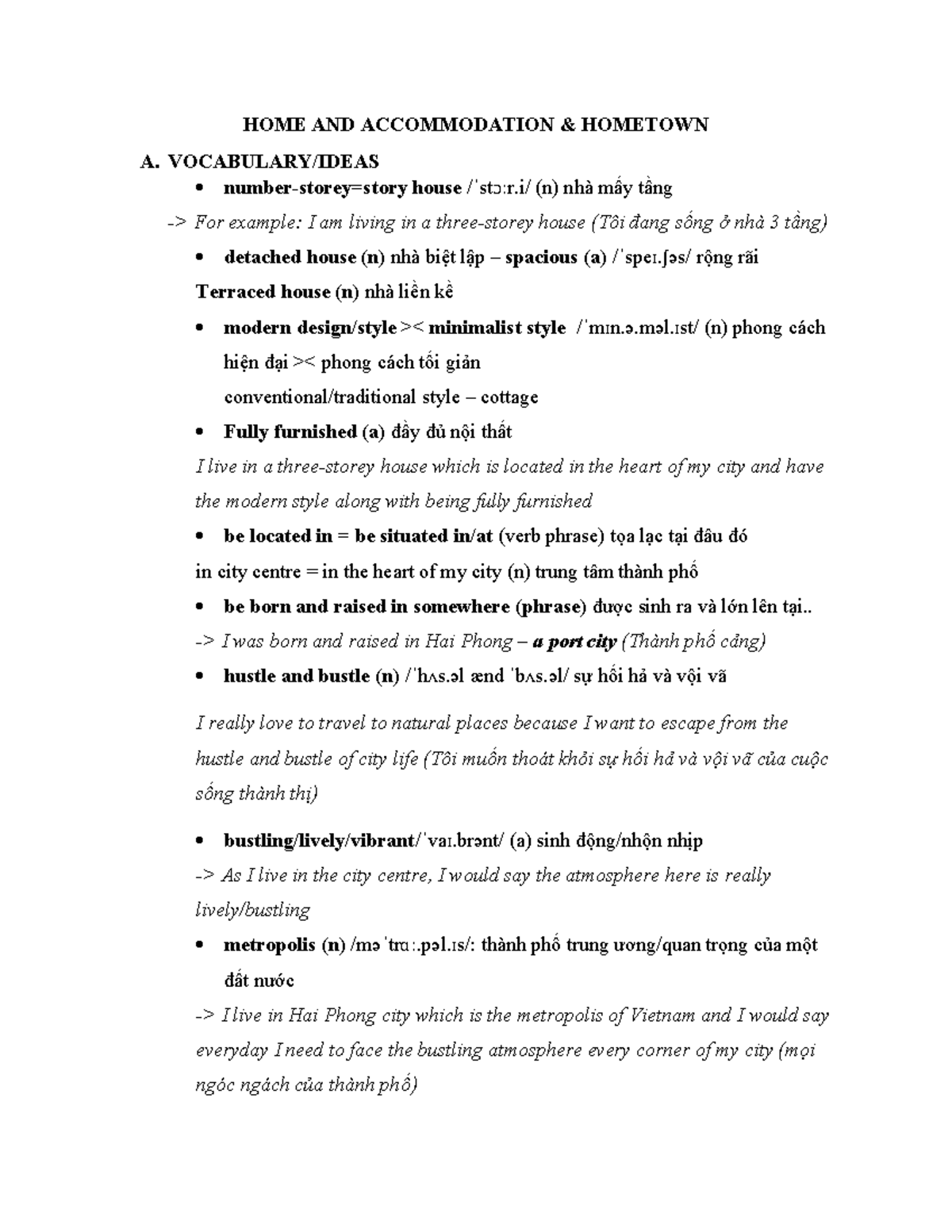 HOME AND ACCOMMODATION - SPEAKING PART 1 NOTES - Studocu