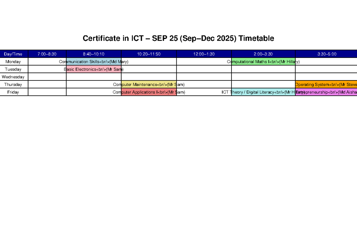 Certificate ICT SEP25 Timetable Color - Certificate in ICT – SEP 25 ...