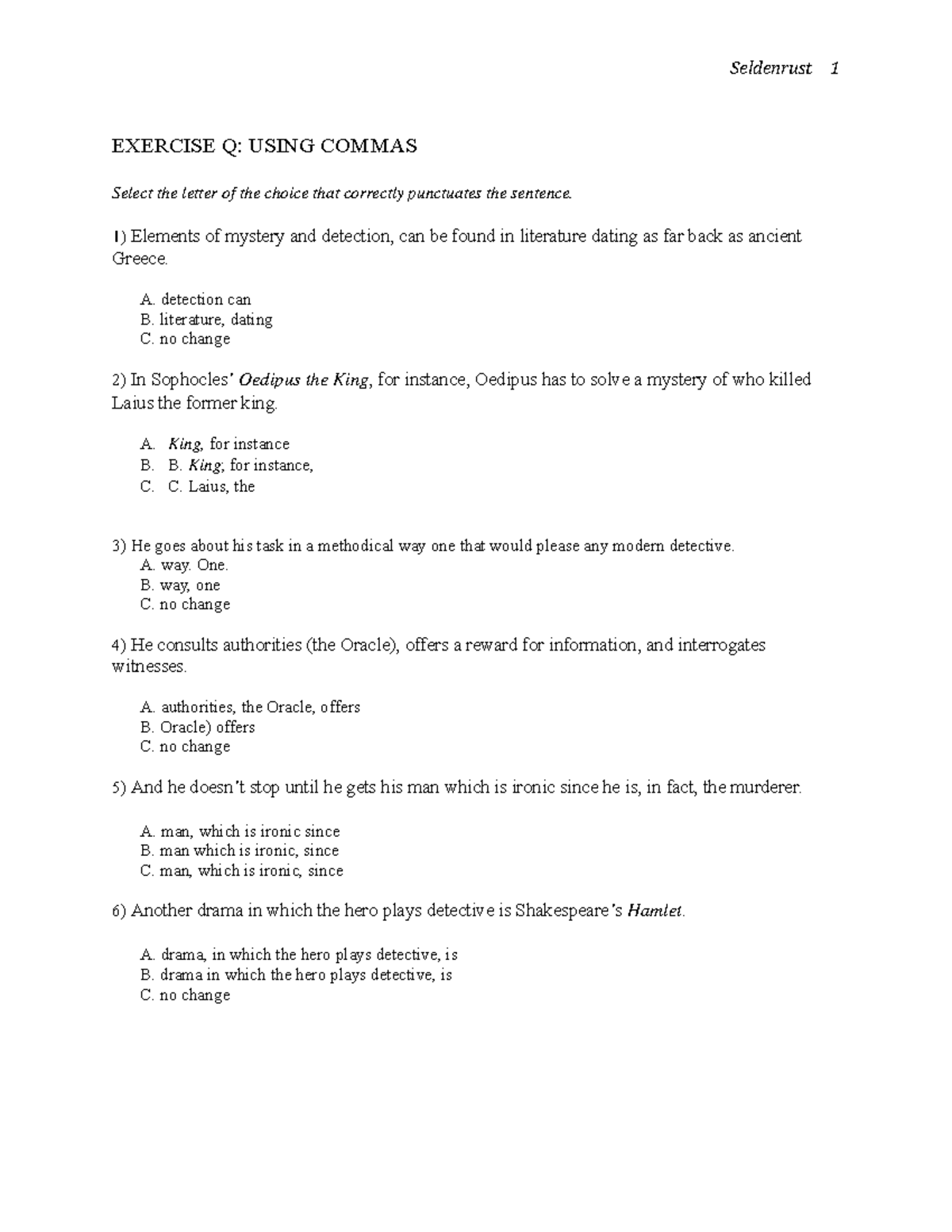 Commas Practice Exercise for Hamlet Analysis - Studocu