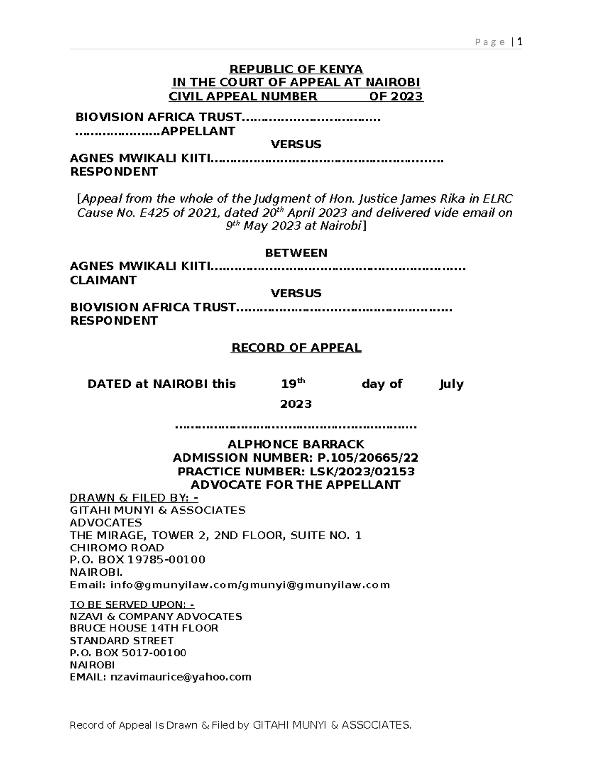 Civil Appeal No. 2023: Record of Appeal - BioVision Africa Trust v ...