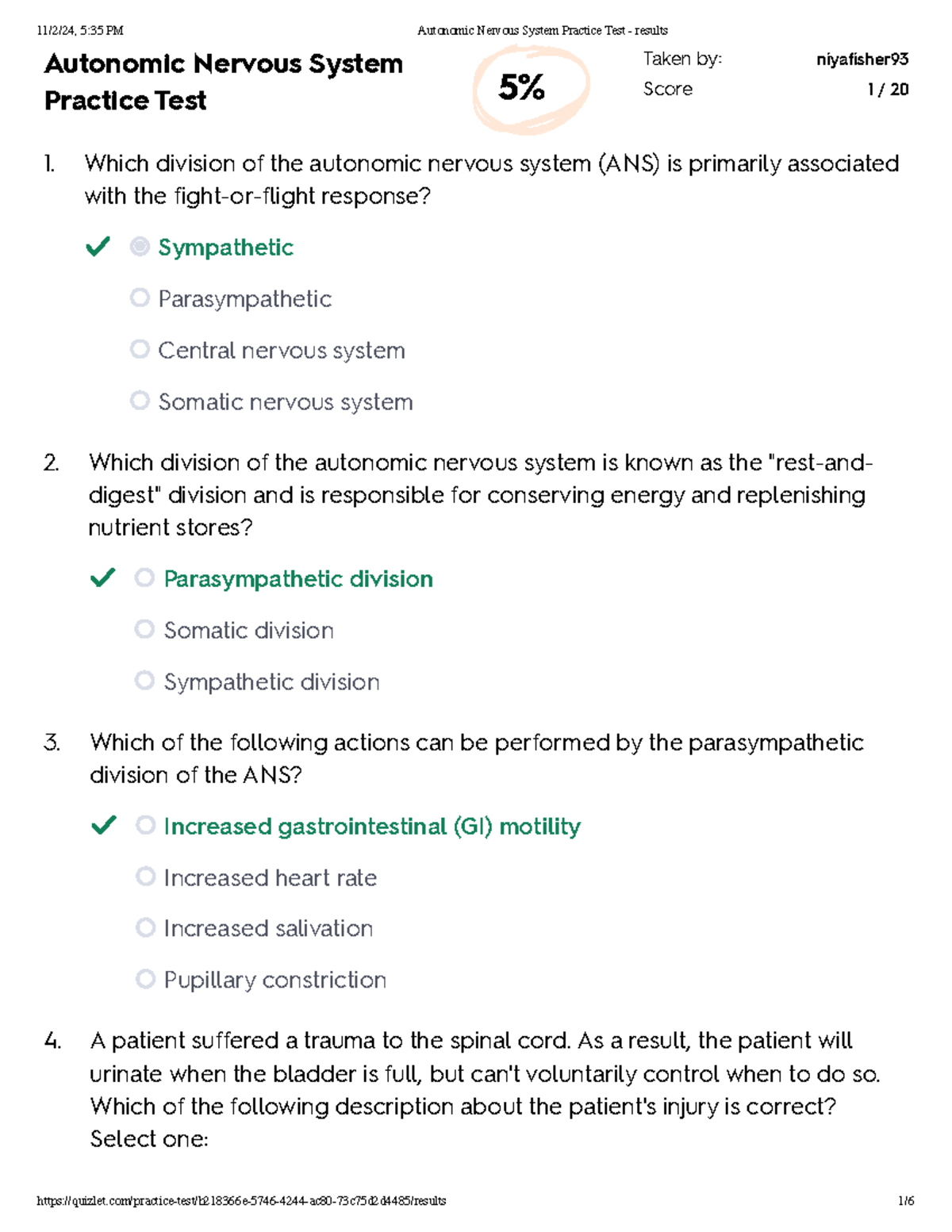 ANS 101: Autonomic Nervous System Practice Test - Studocu