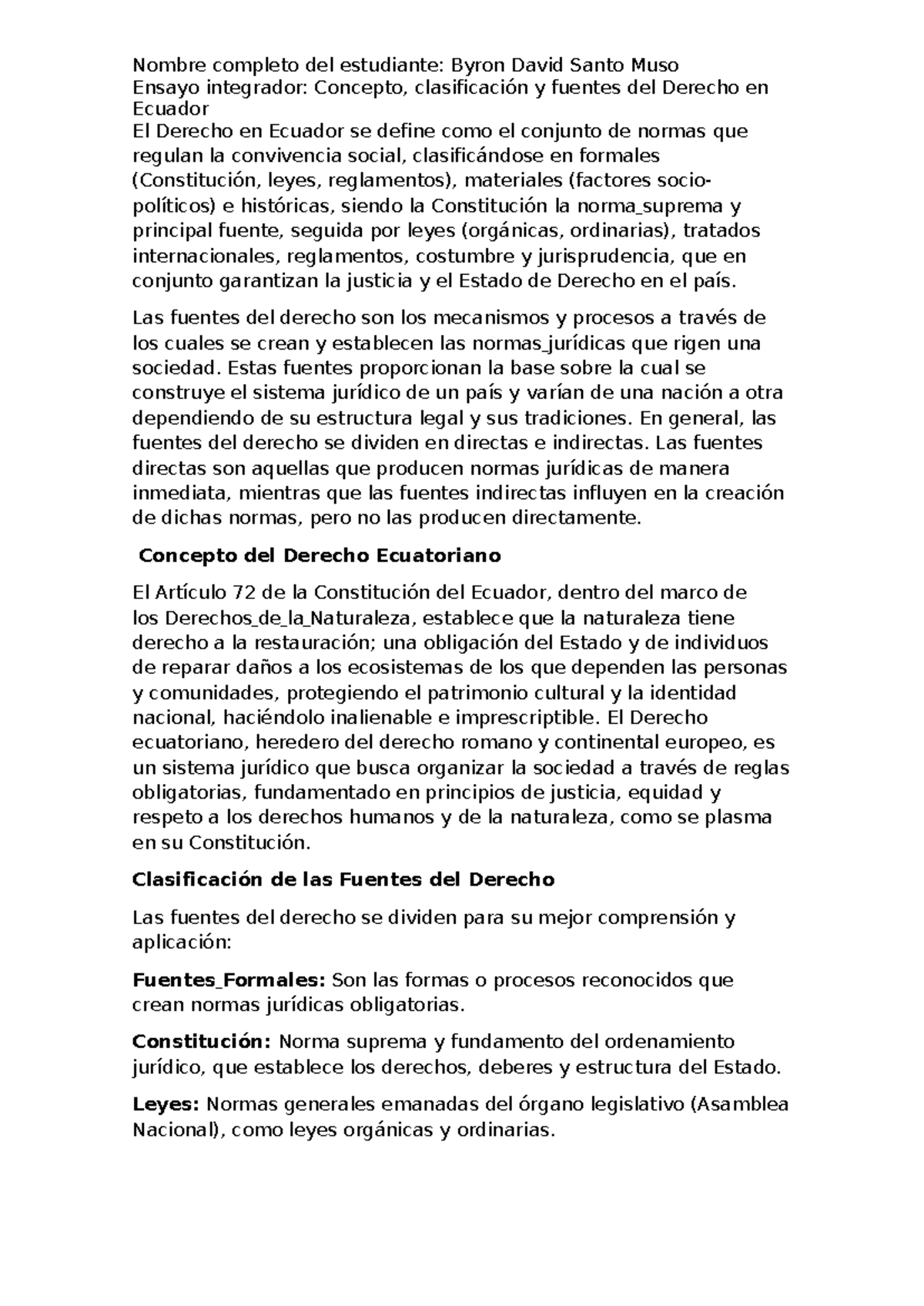 Ensayo Integrador: Concepto y Fuentes del Derecho en Ecuador - Studocu