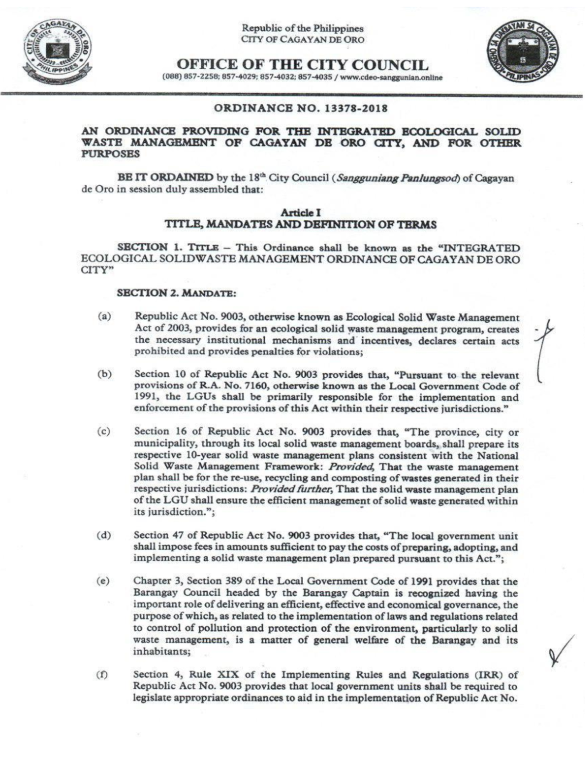 Ecological Solid Waste Management Ordinance of Cagayan de Oro ...