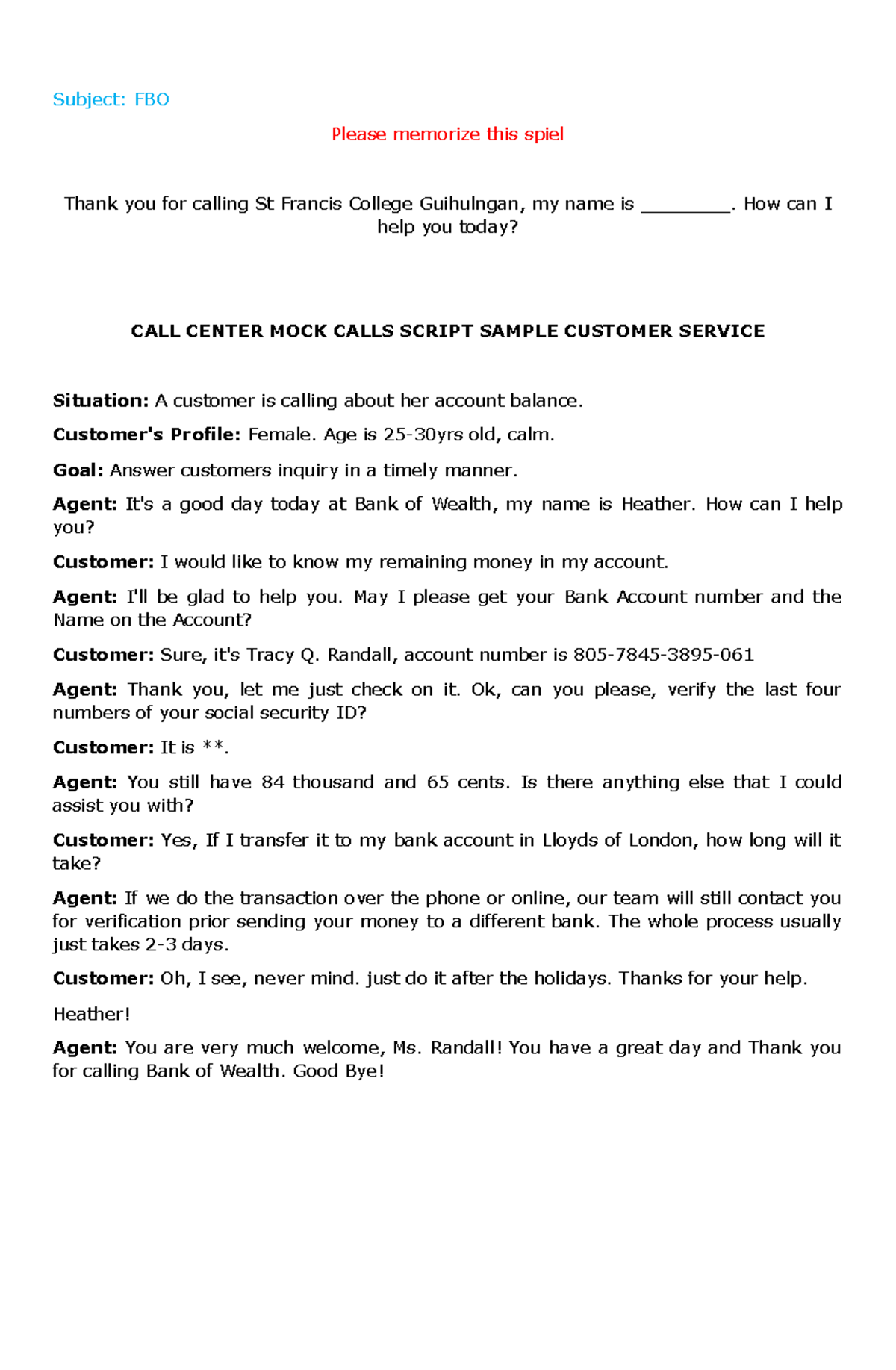 CALL Center MOCK Calls Script Sample Customer Service - Subject: FBO Please memorize this spiel ...