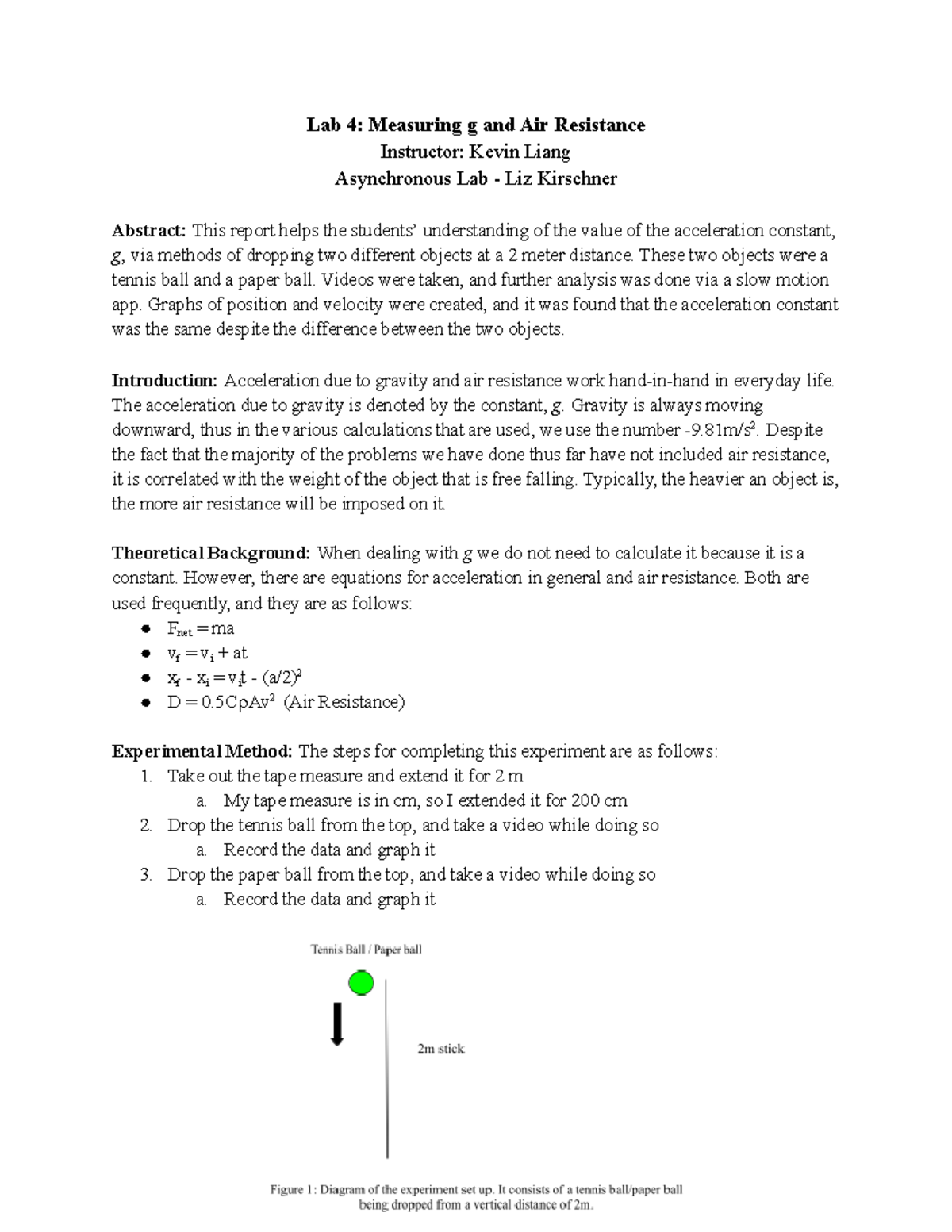 PHY 111 Lab 4 - Measuring g and Air Resistance Lab Report - Studocu