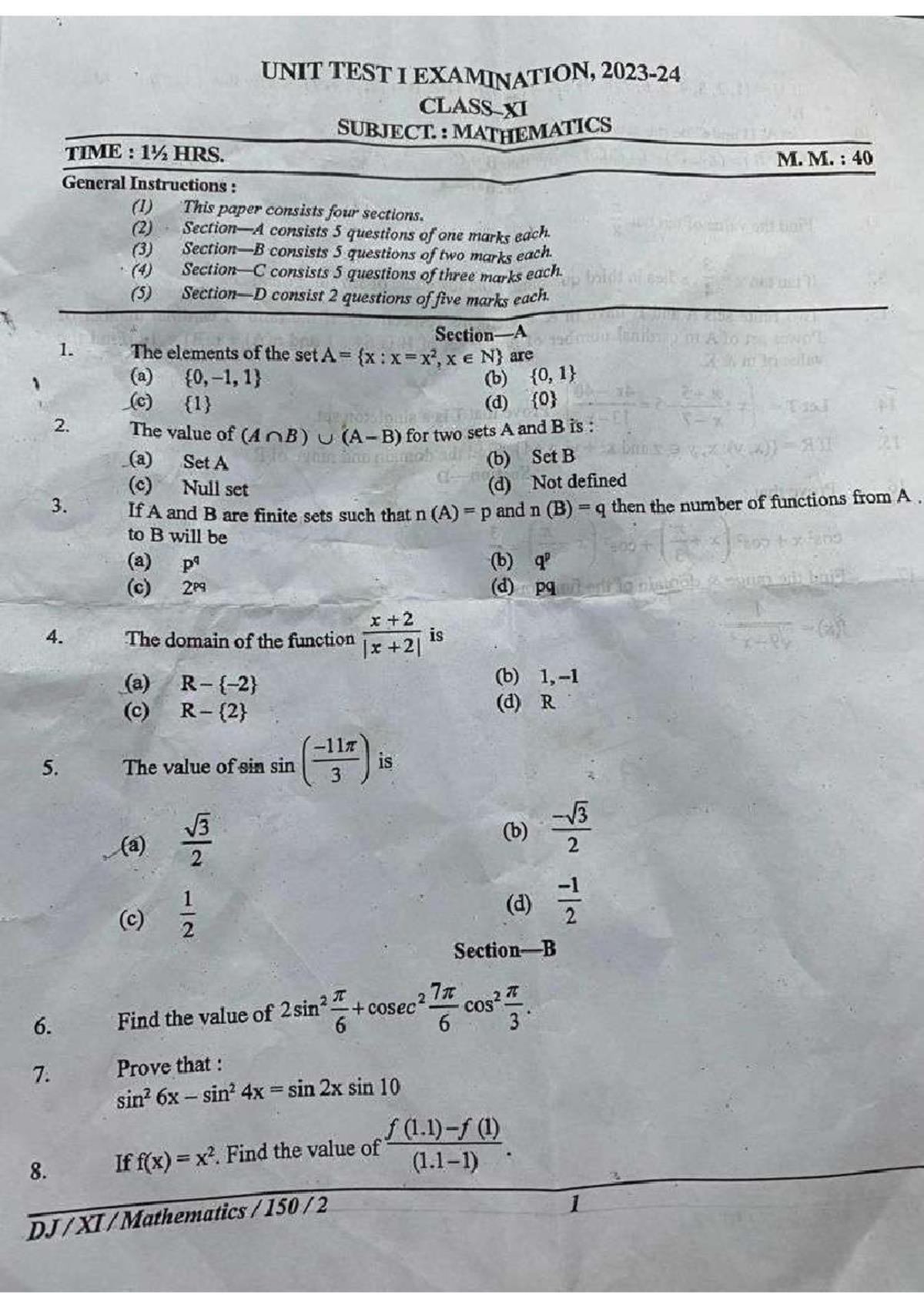 MATHEMATICS UNIT TEST I, CLASS XI - 1½ HRS, M.M. 40 - Studocu