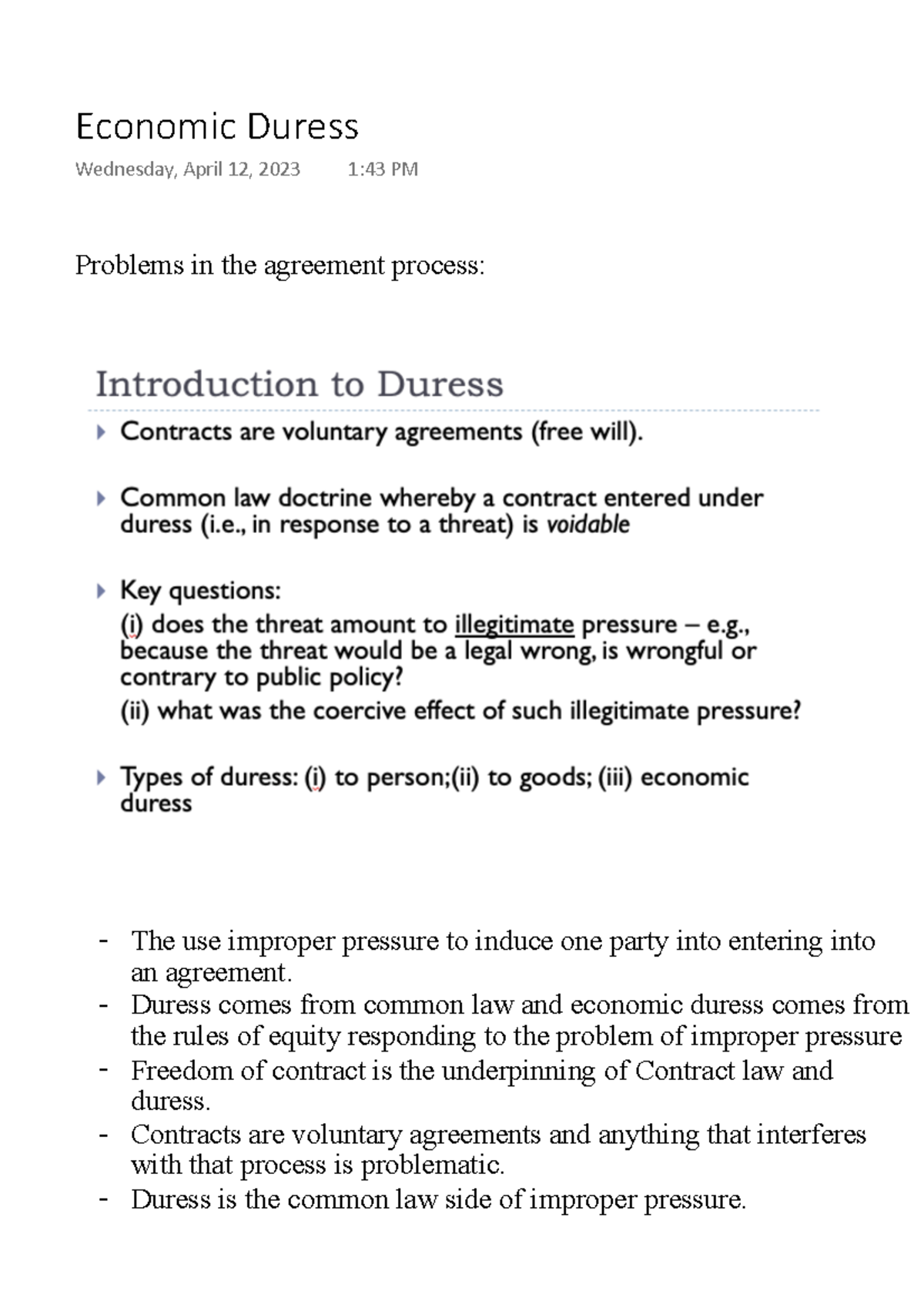 Economic Duress - lecture notes with the slides from the lecture ...