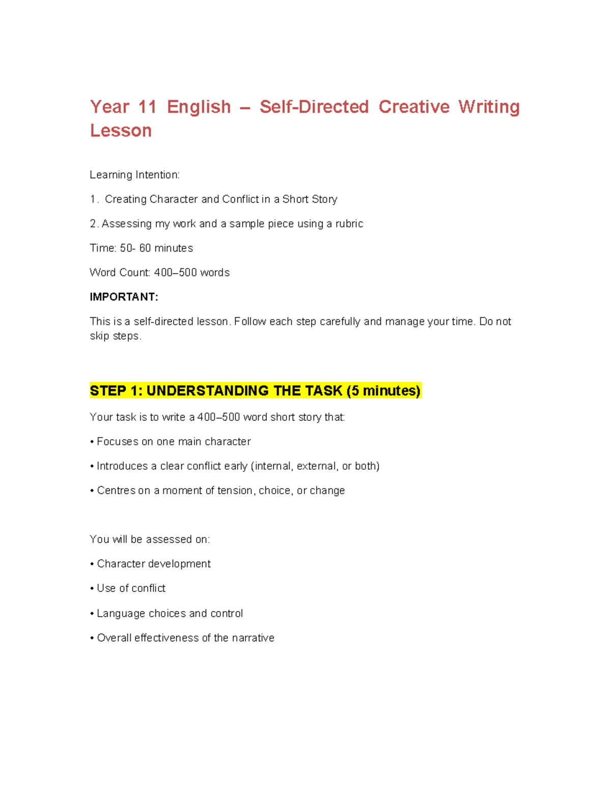 Year 11 English Creative Writing Lesson: Character & Conflict - Studocu