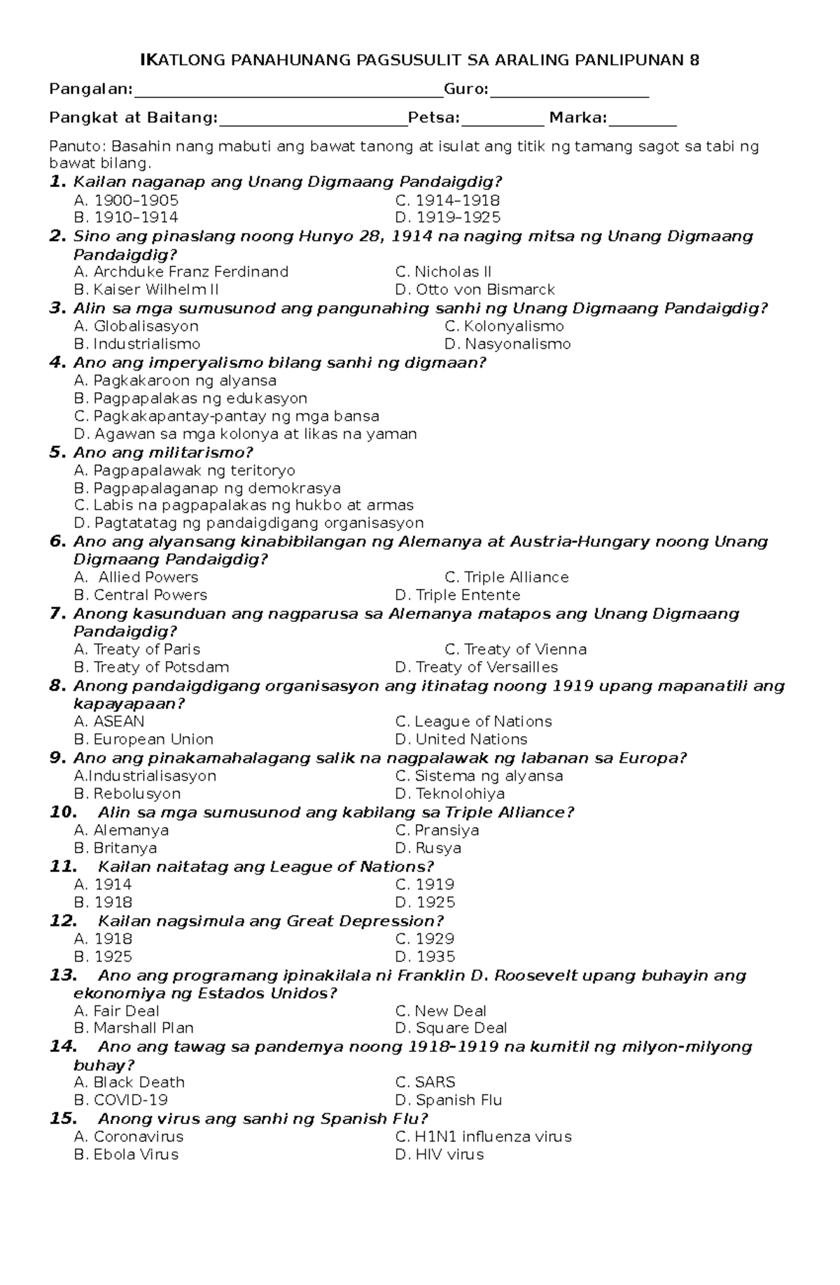 3RD QUARTER EXAMINATION IN ARALING PANLIPUNAN 8 - Studocu