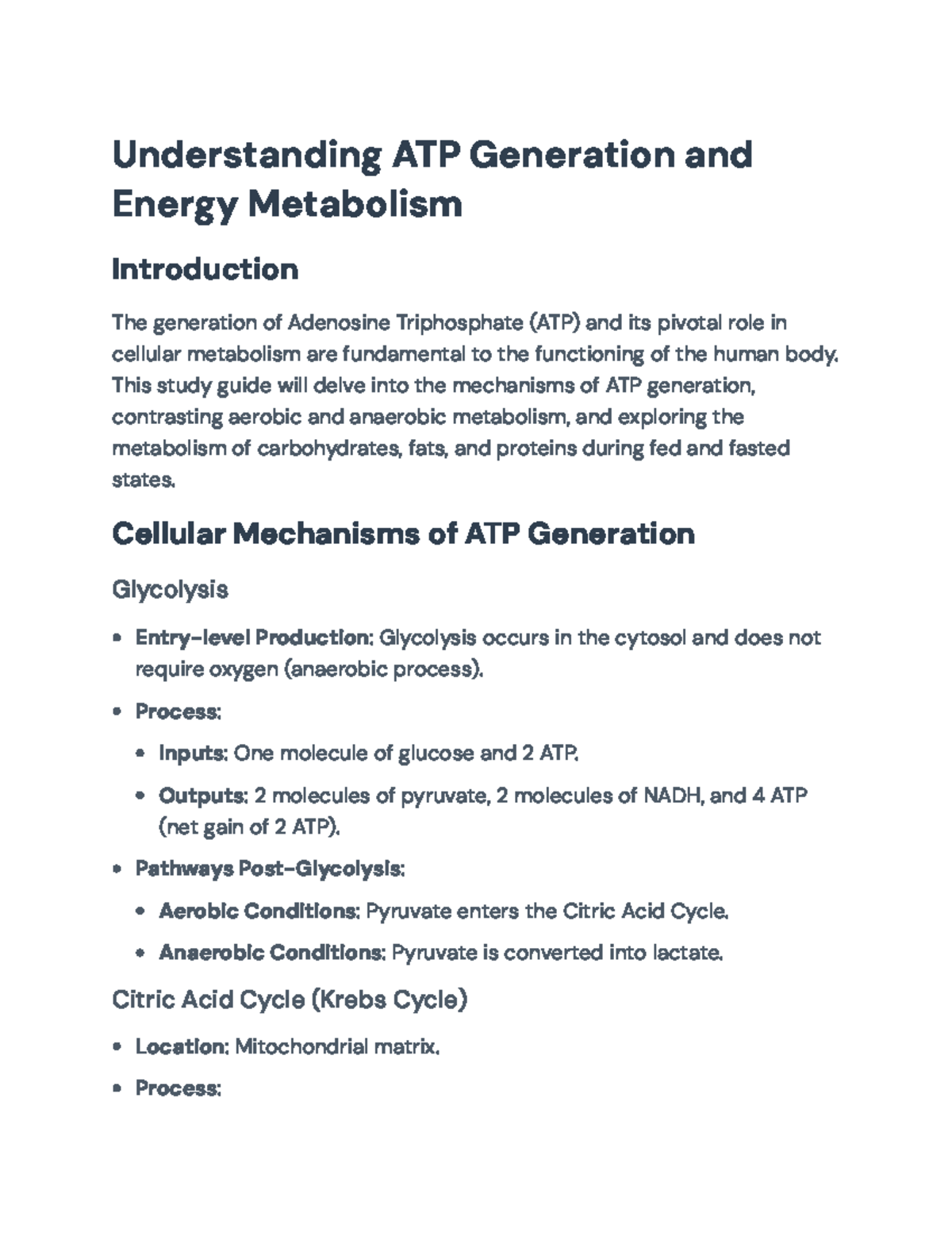 Understanding ATP Generation and Metabolism: A Study Guide for Week 9 ...