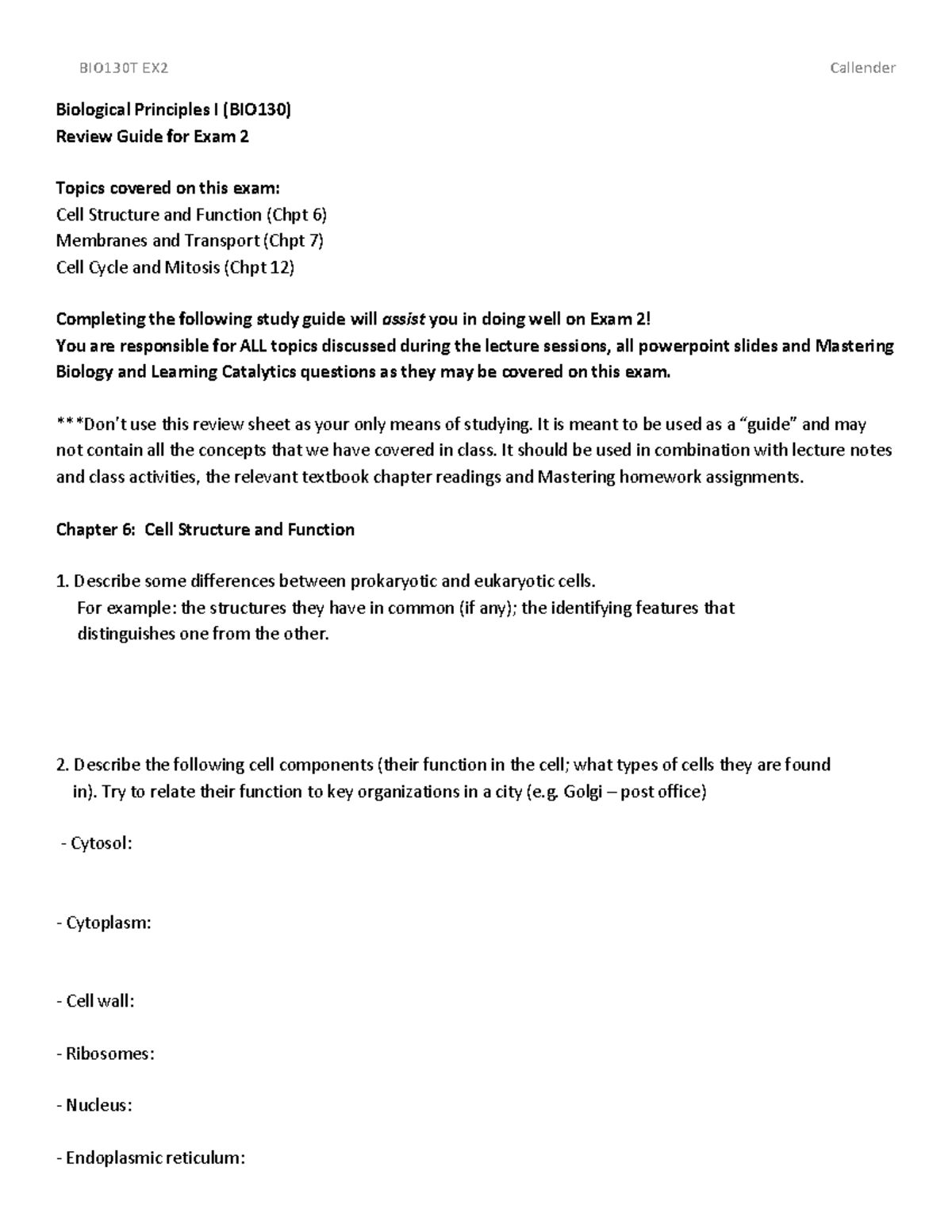 BIO130T Exam 2 Review Guide: Cell Structure, Membranes & Mitosis - Studocu
