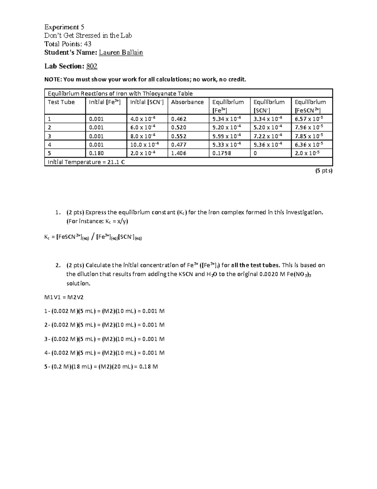 CHEM 110 LAB - Experiment 5: Equilibrium Reactions of Iron and SCN- - Studocu