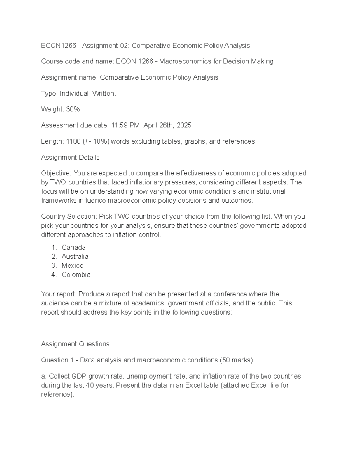 Assignment 2's Questions with Rubrics - ECON1266 - Assignment 02 ...