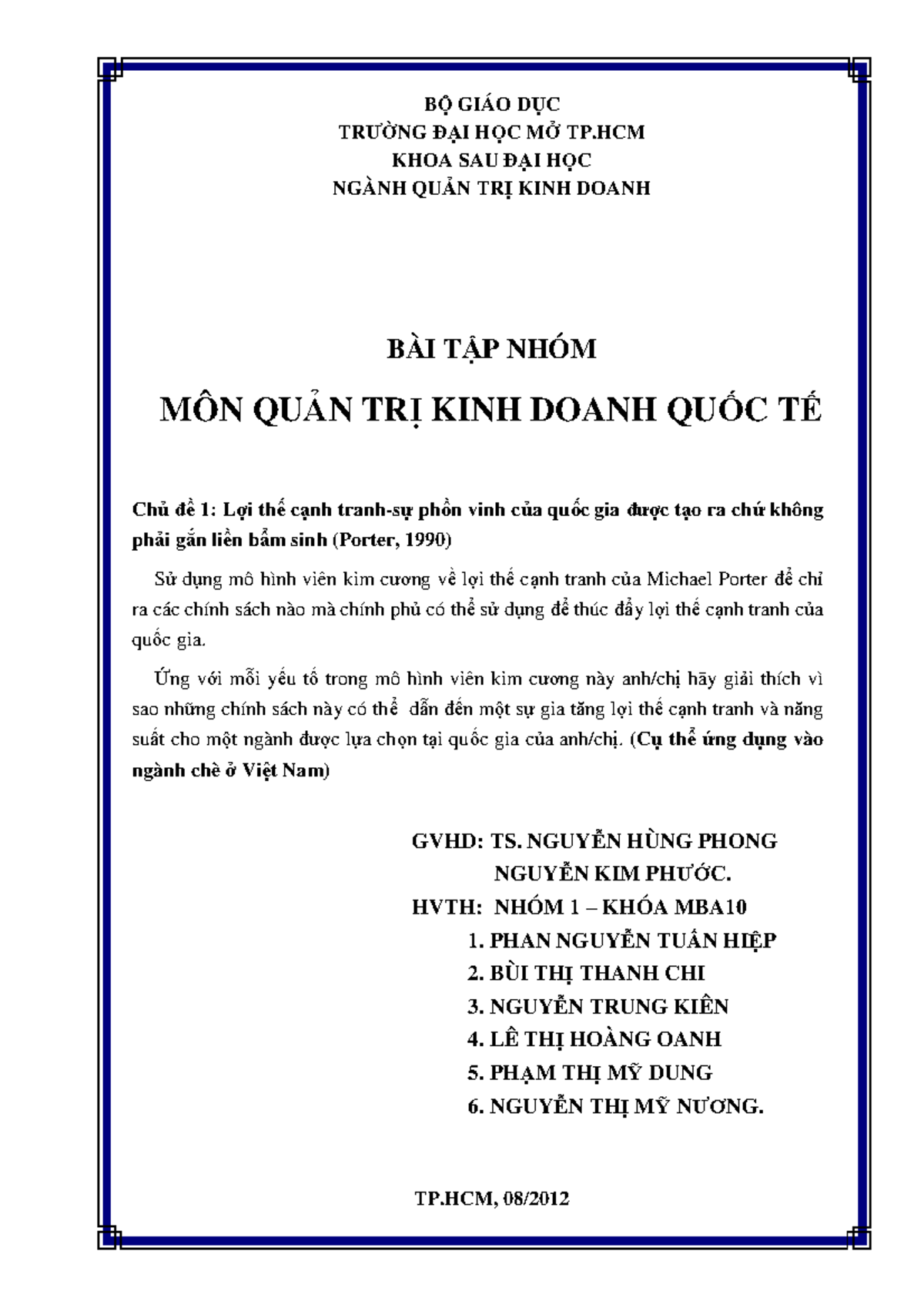 Tailieuxanh bai tieu luan qtkdqt nhom 1 9217 - B GIÁO D C TR NG I H C M TP KHOA SAU I H C - Studocu