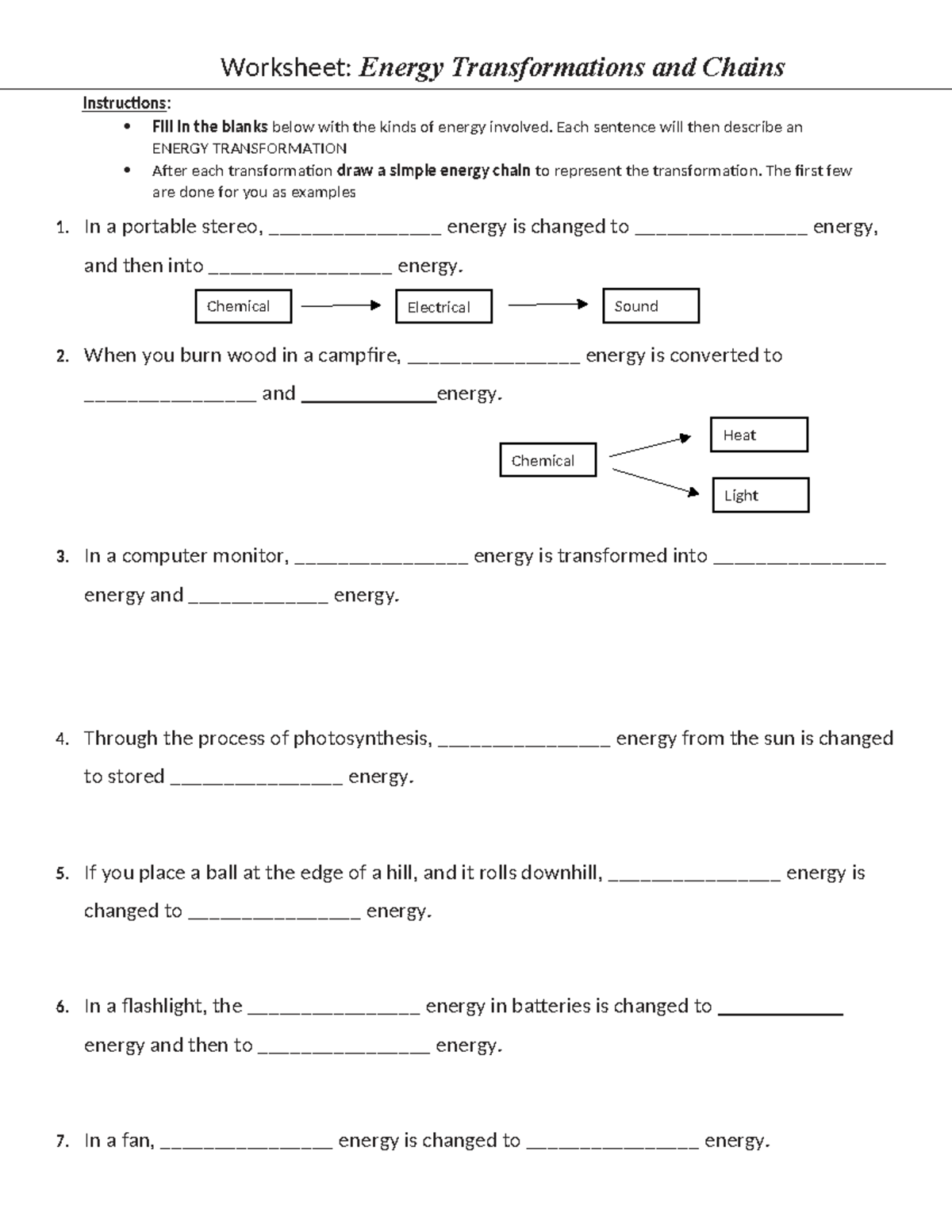 Energy Transformations - Each sentence will then describe an ENERGY ...