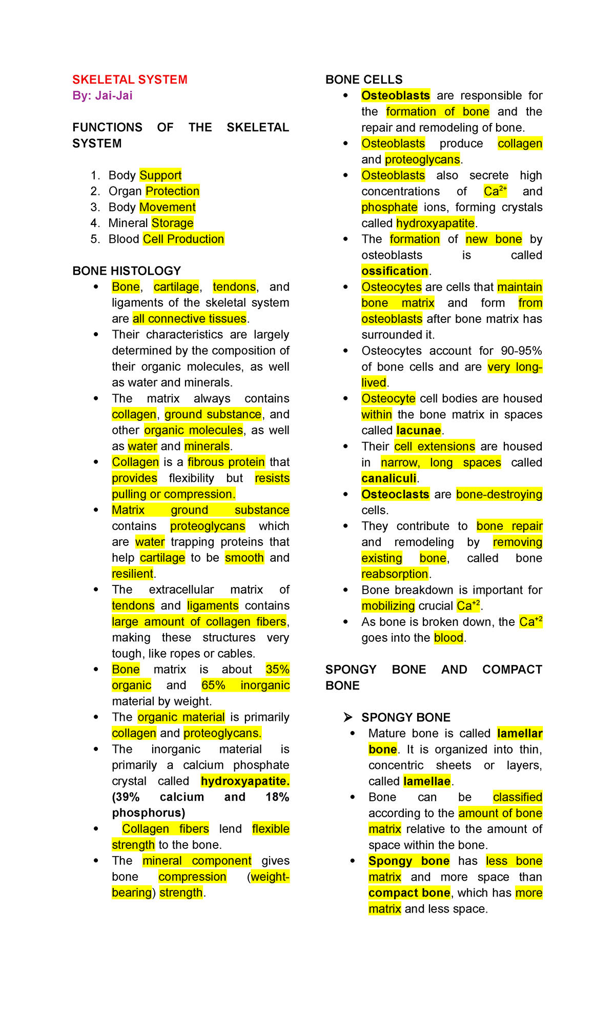 SKELETAL SYSTEM: FUNCTIONS, HISTOLOGY & ANATOMY (SKELETAL 101) - Studocu