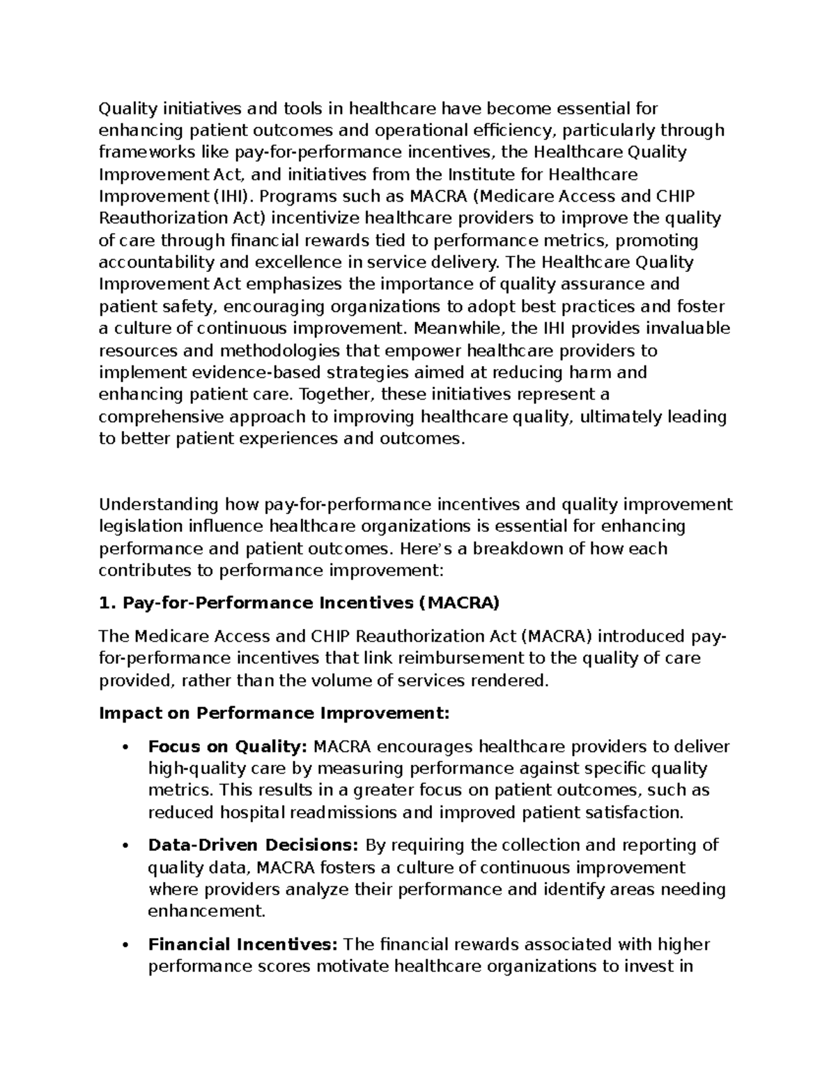 IHP-430 Week 3-1 Short Paper: Enhancing Quality in Healthcare ...