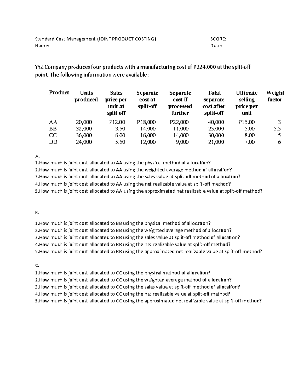 SCM Activity: Joint Product Costing Analysis and Allocation Methods ...