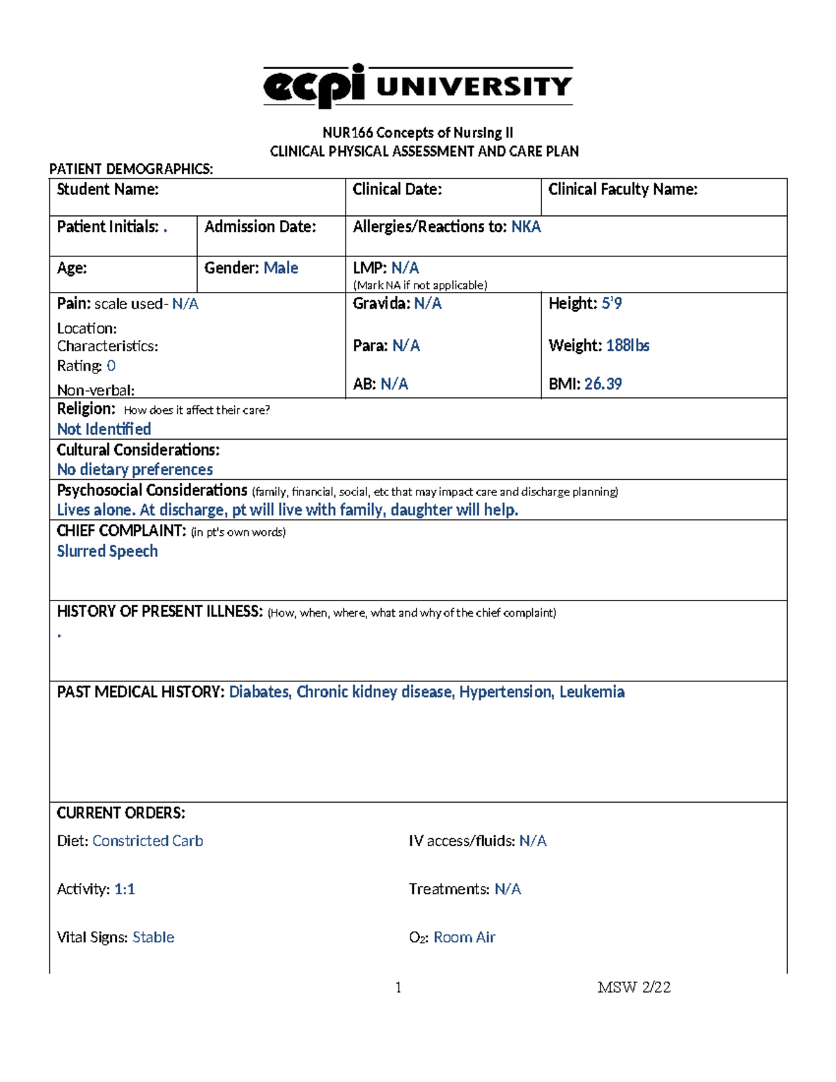 Careplan nur166 - NUR166 Concepts of Nursing II CLINICAL PHYSICAL ...