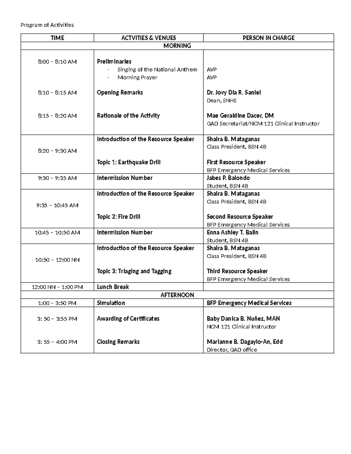 GAD 121 Program of Activities: Emergency Preparedness Drills - Studocu