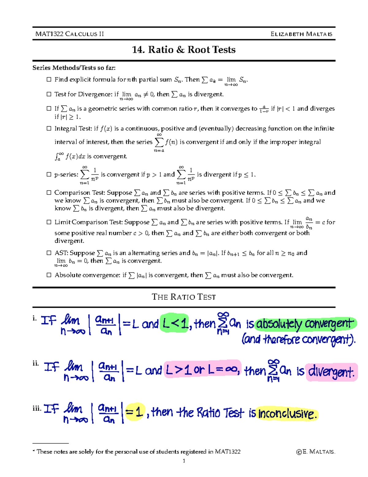 MAT1322 Lecture 14: Ratio and Root Tests for Series - Studocu