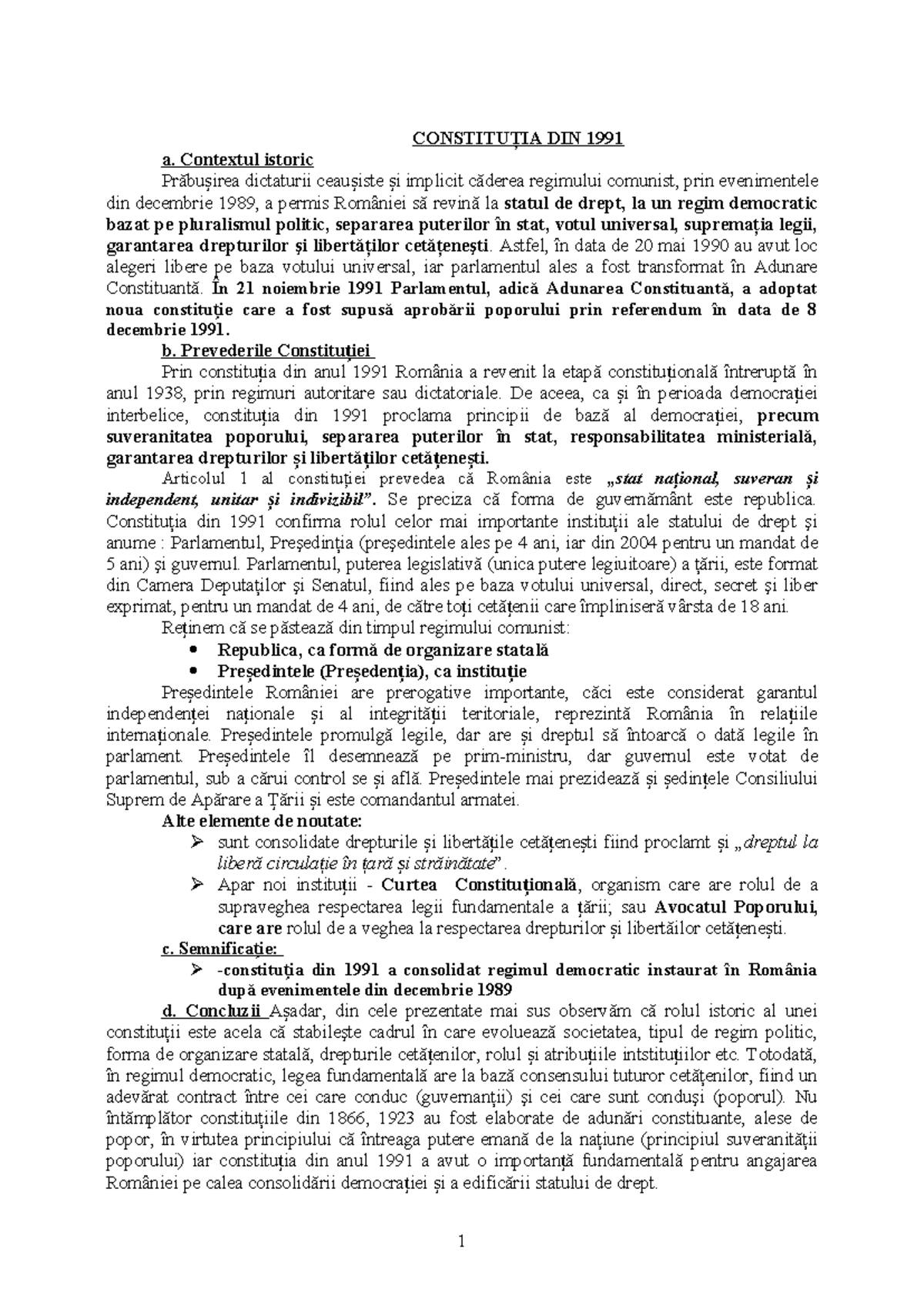 Constituția României din 1991: Context Istoric și Semnificație - Studocu
