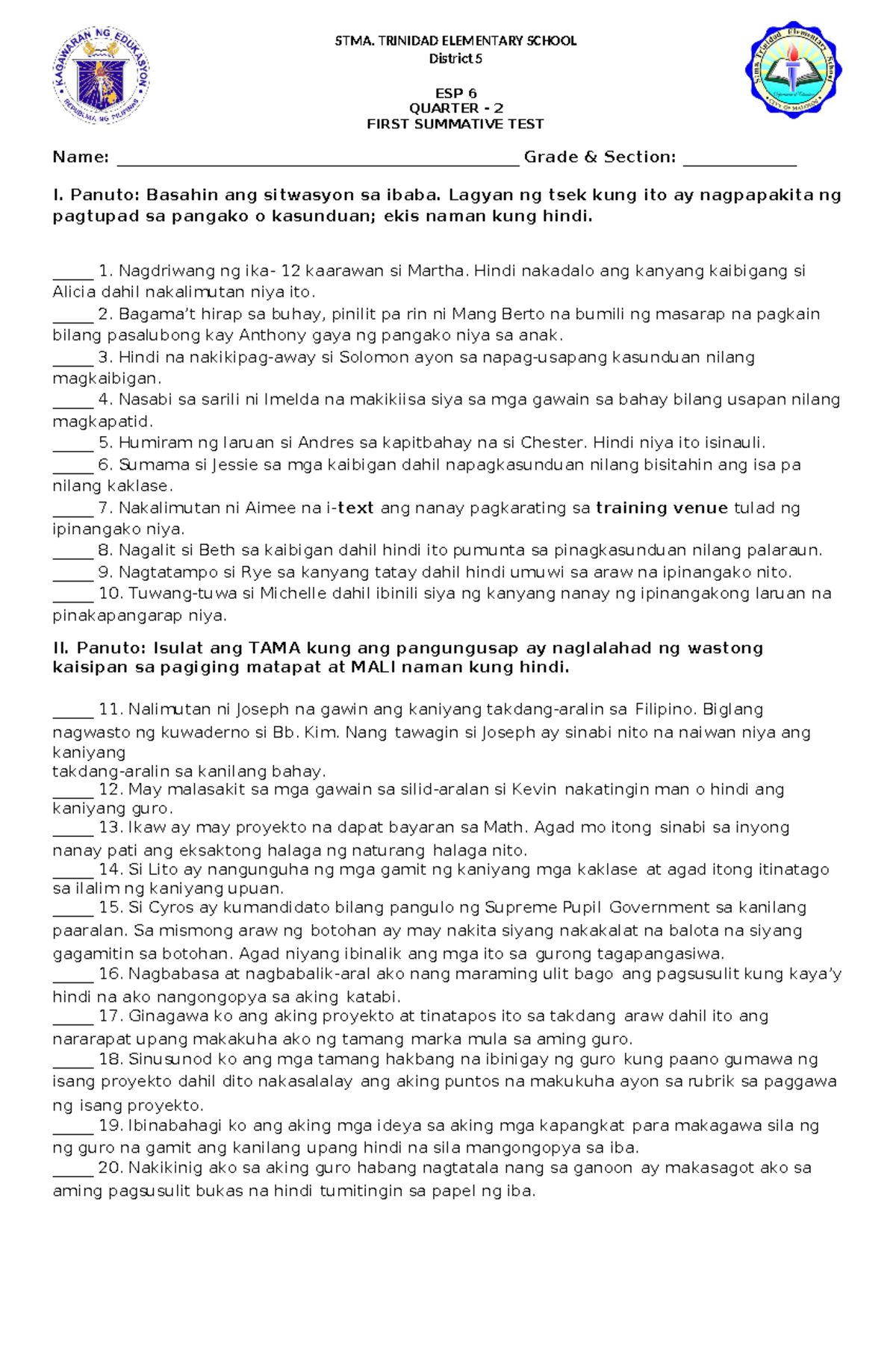 ESP 6 - First Summative Test Quarter 1 for Grade 6 Students - Studocu