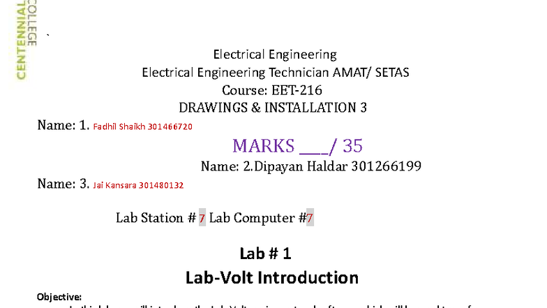 EET-216 LAB #1 V1 - aaaaaa - ` Electrical Engineering Electrical ...