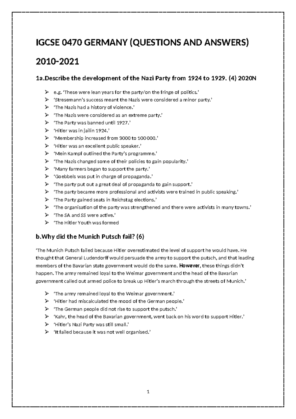 IGCSE 0470 Germany Revision Notes on Nazi Party and Society - Studocu
