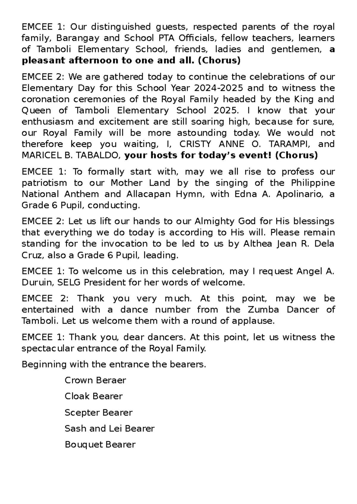 EMCEE 1 & 2: Script for the Coronation Ceremony at Tamboli ES 2025 ...