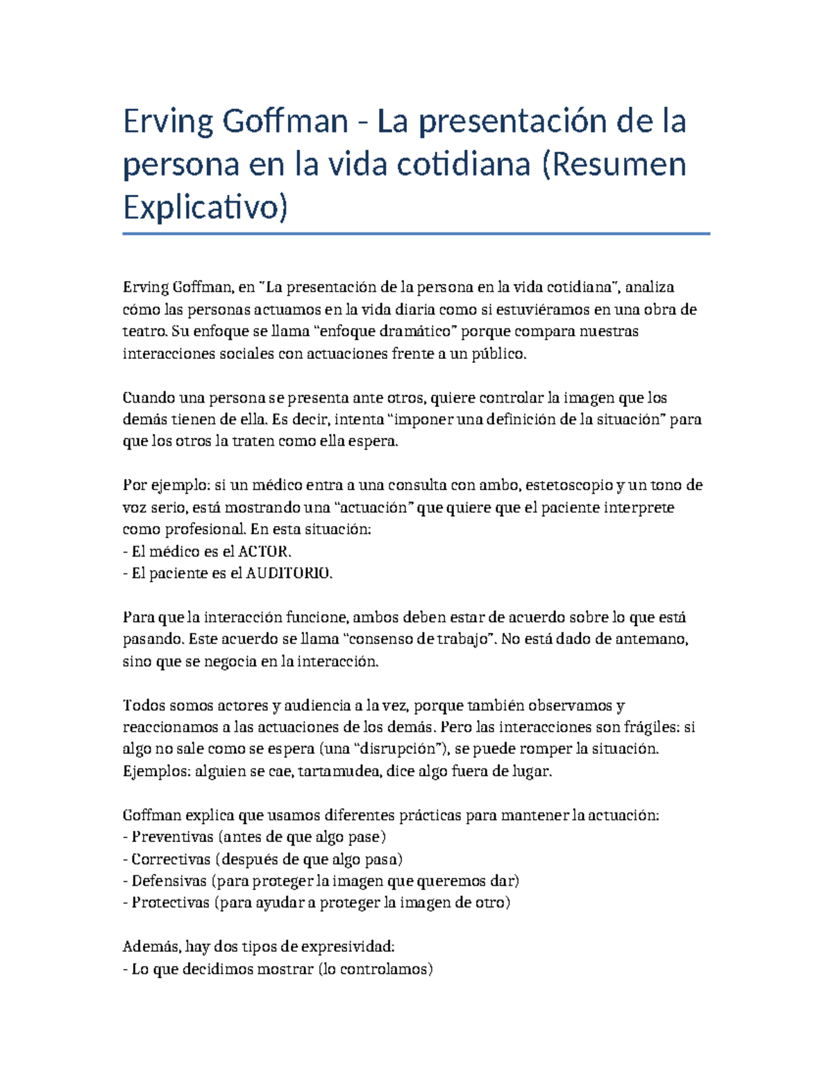 Goffman: La Presentación de la Persona en la Vida Cotidiana (Resumen ...