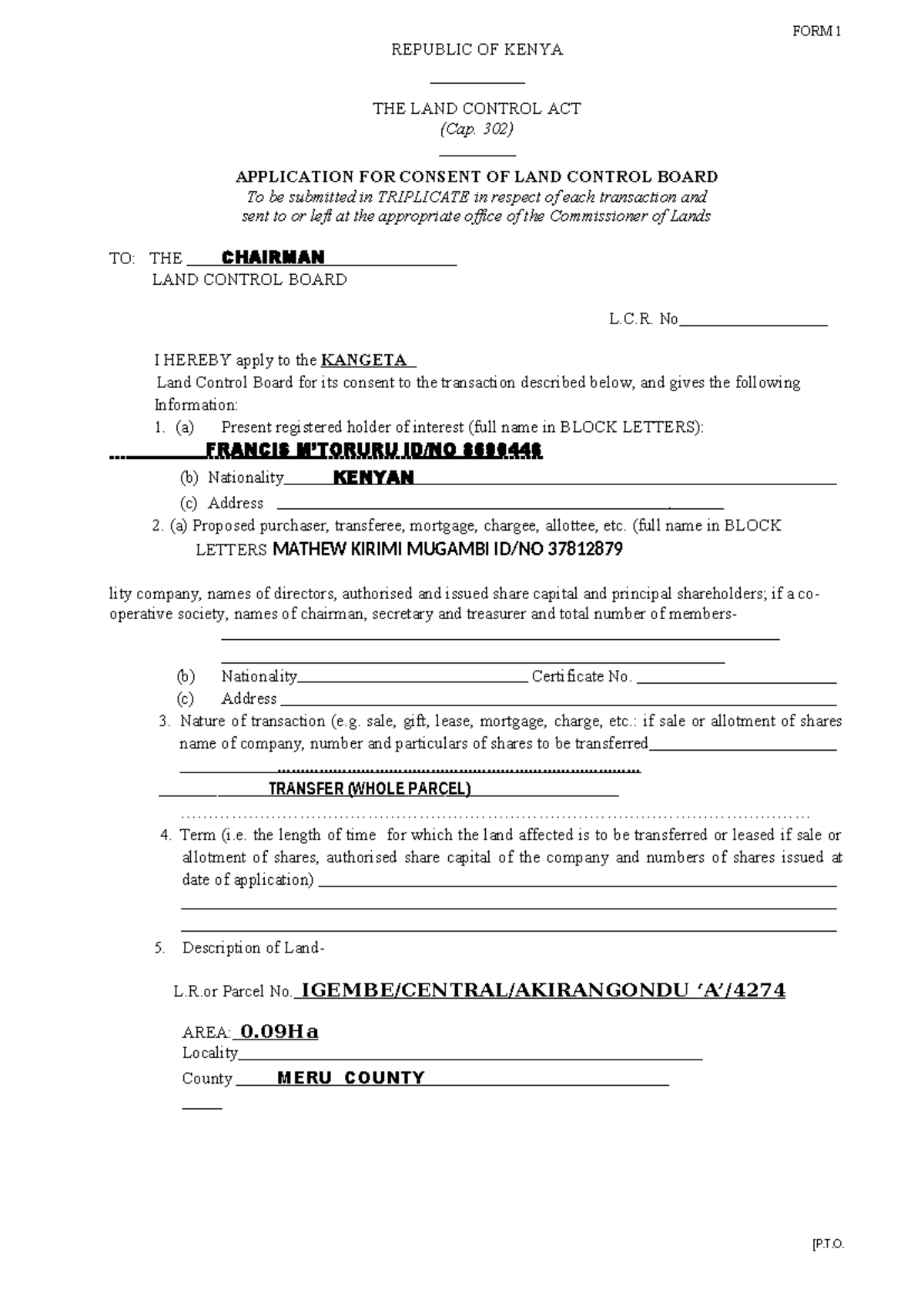 Application for Consent of Land Control Board - Form 1 - Studocu