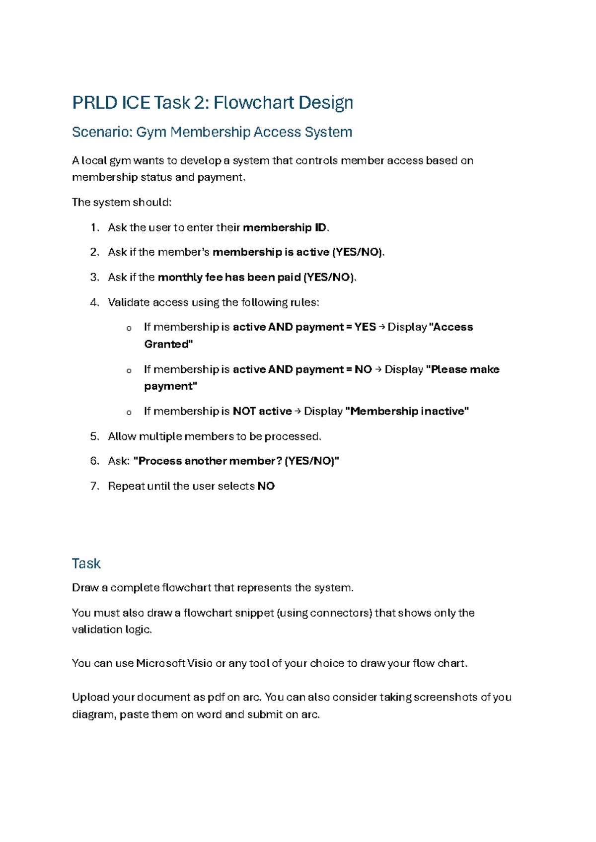 PRLD ICE Task 2: Flowchart for Gym Membership Access System - Studocu