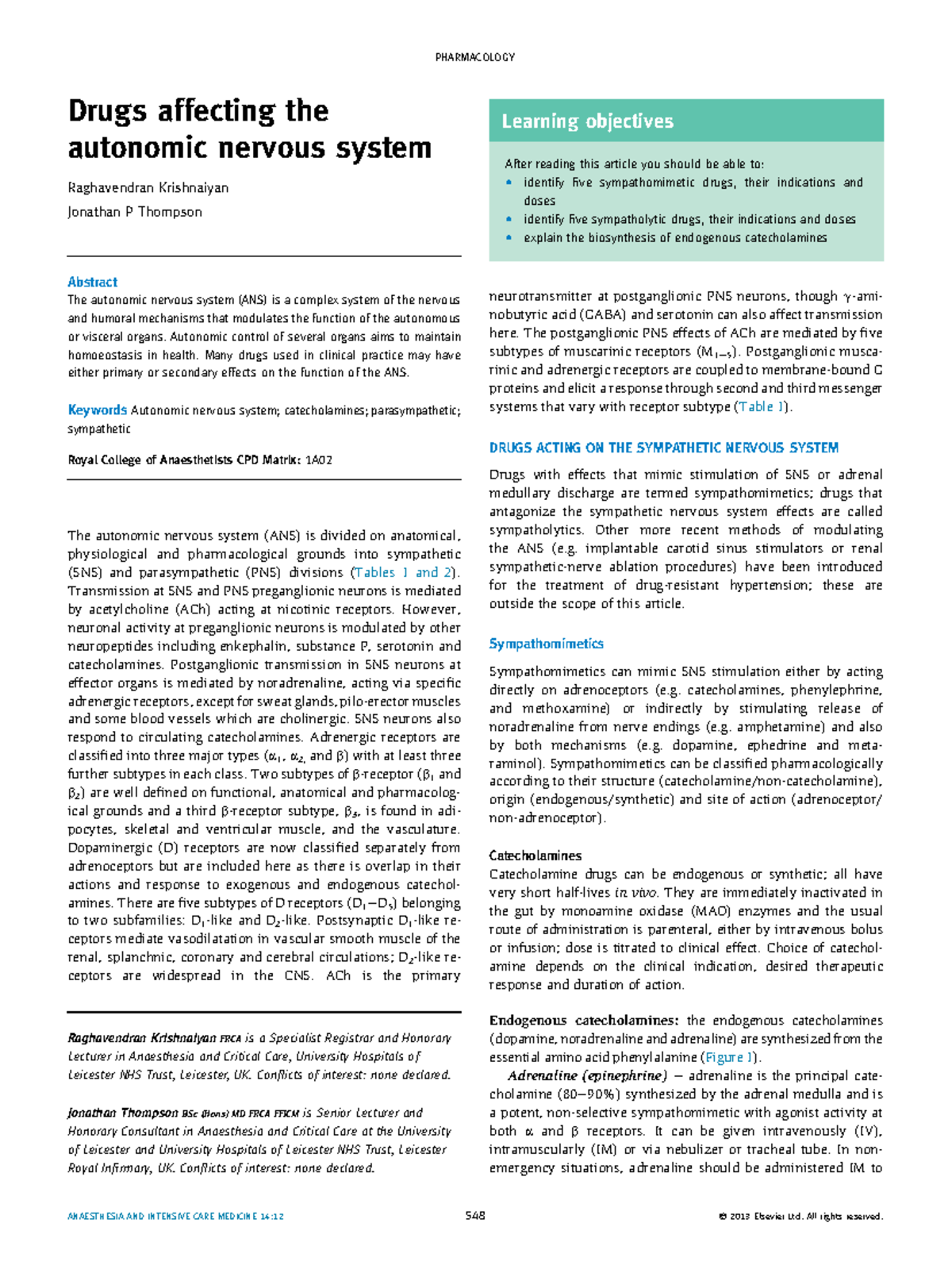 PHARMACOLOGY: Drugs Affecting the Autonomic Nervous System (ANS) - Studocu