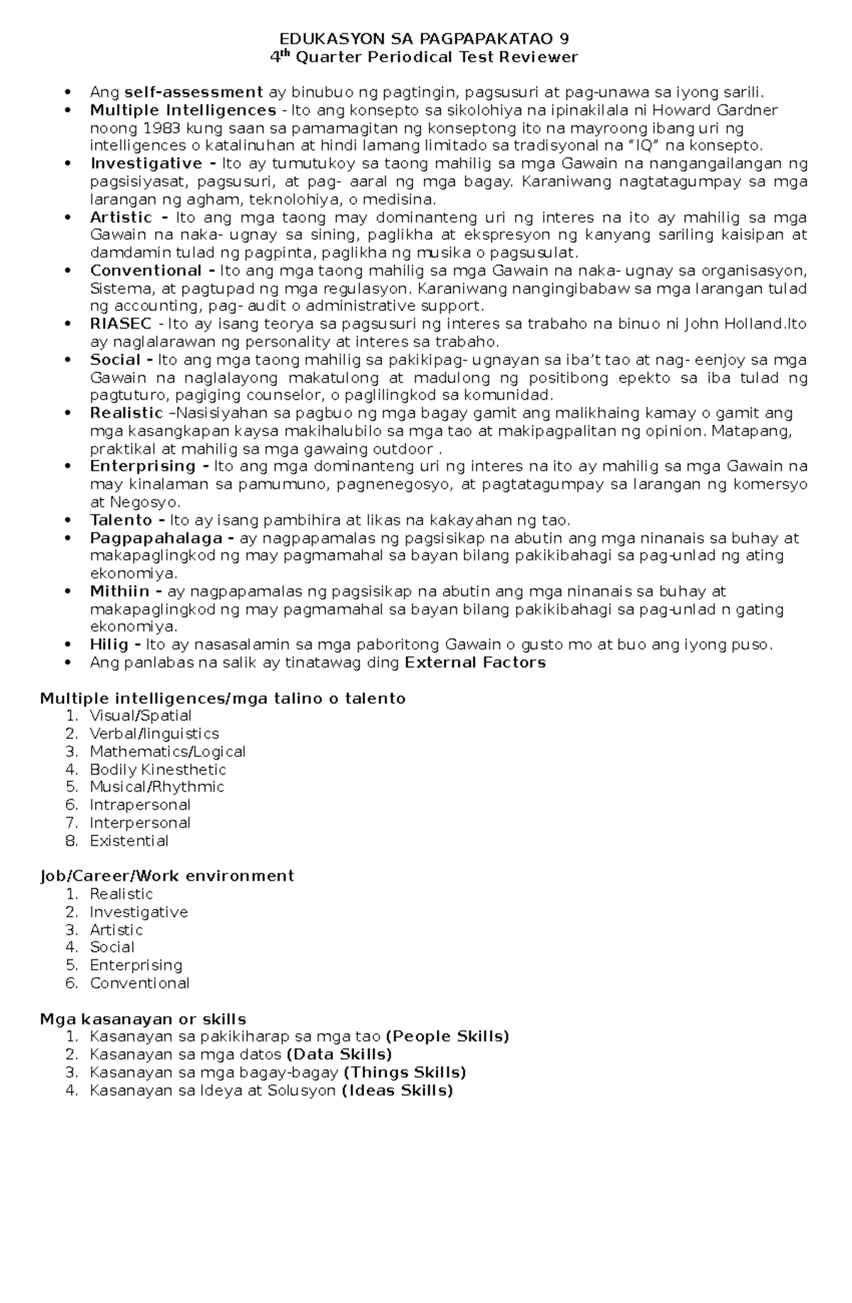 ESP9-Q4- Periodical Test Reviewer on Multiple Intelligences - Studocu