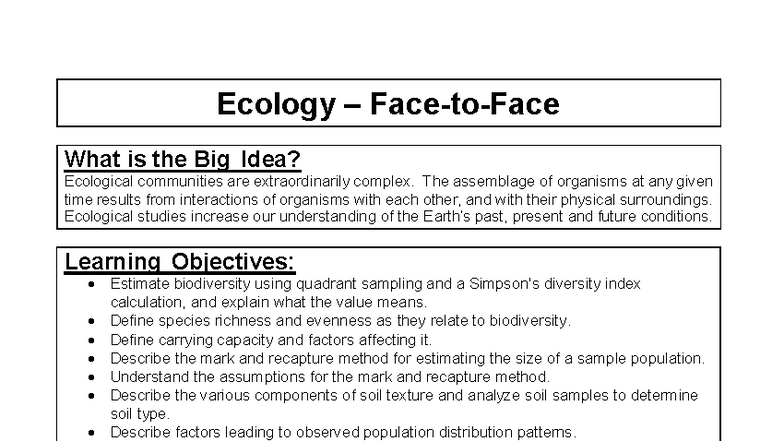 Ecology Lab Module (BIOL 101): Understanding Ecological Communities ...