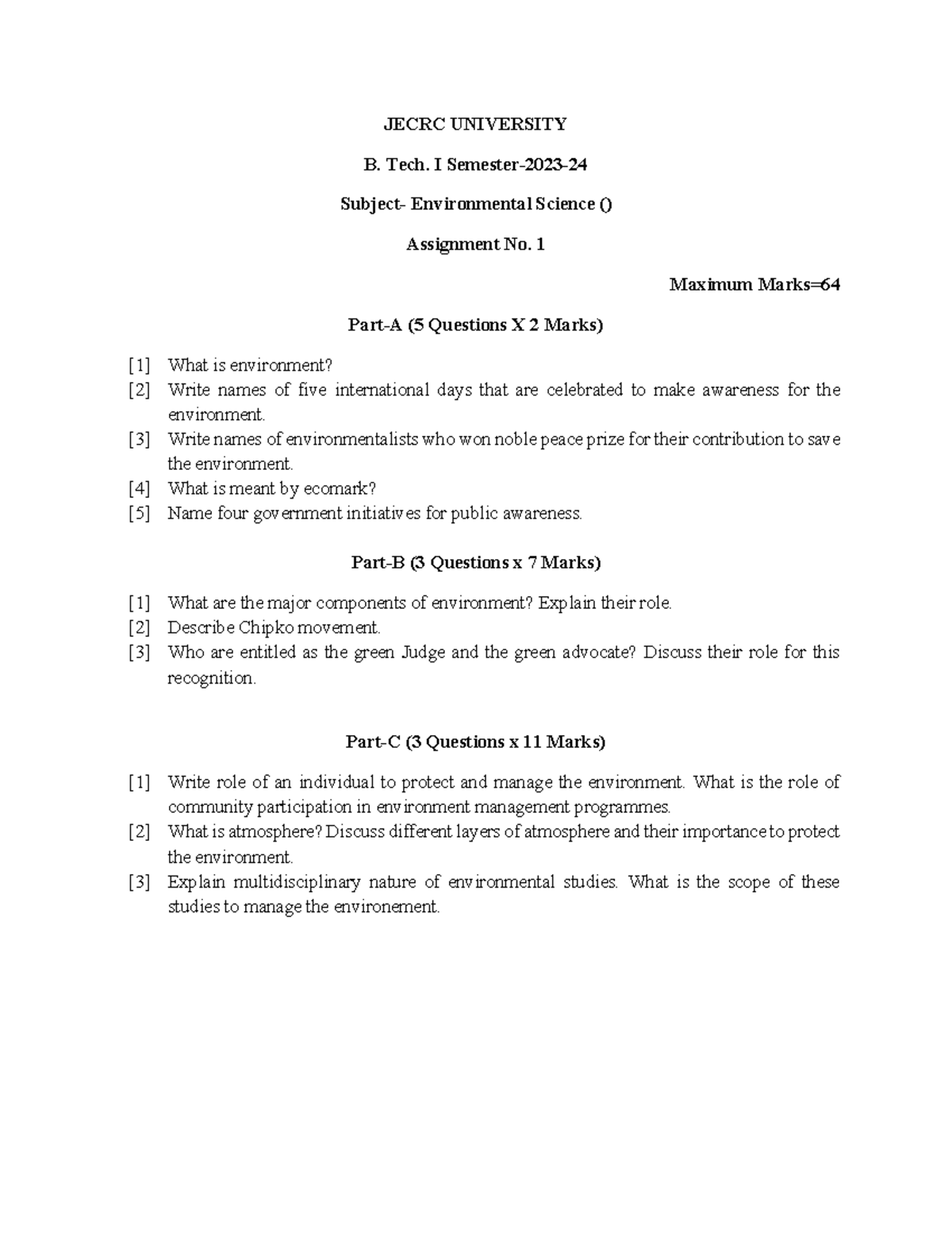 B. Tech. I Environmental Science Assignment 1 (DAM001AC) - Studocu