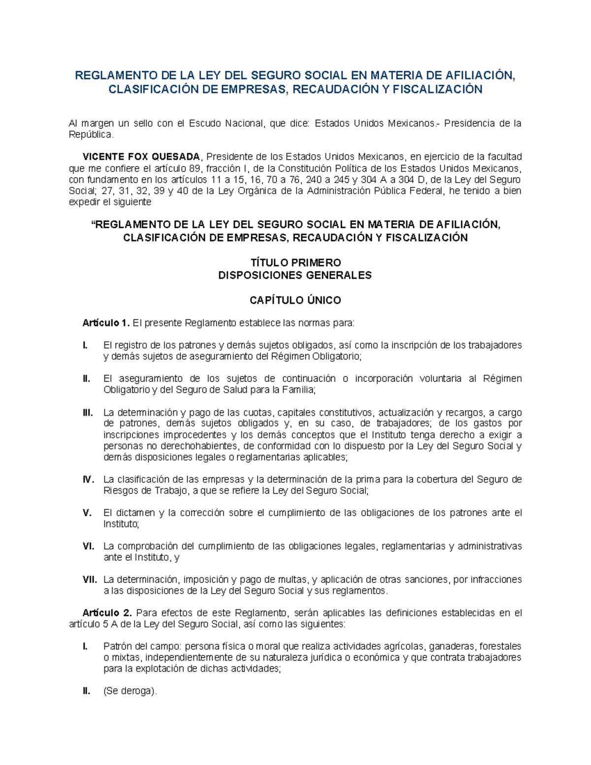 Reglamento LSS: Afiliación, Clasificación y Recaudación - Studocu