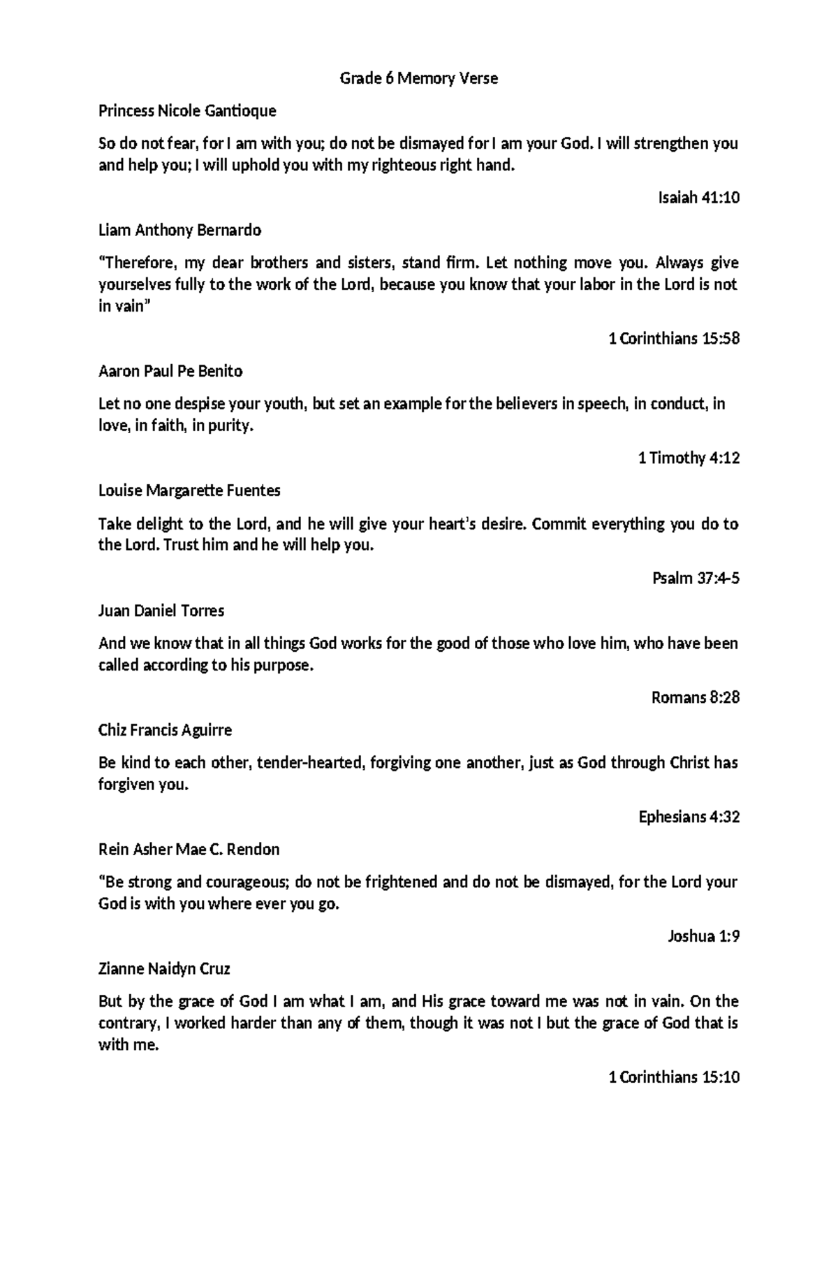 Grade 6, 10, & 12 Memory Verses Compilation for 2025 - Studocu