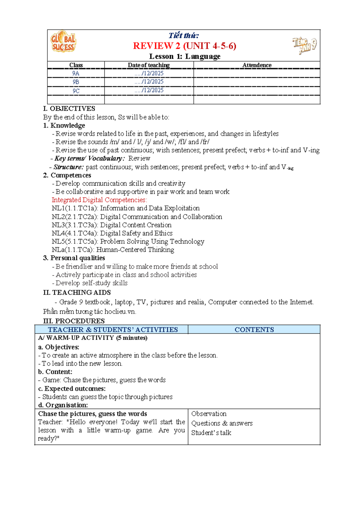 K9 Review 2: Language and Skills Lesson Overview for Classes 9A, 9B, 9C ...