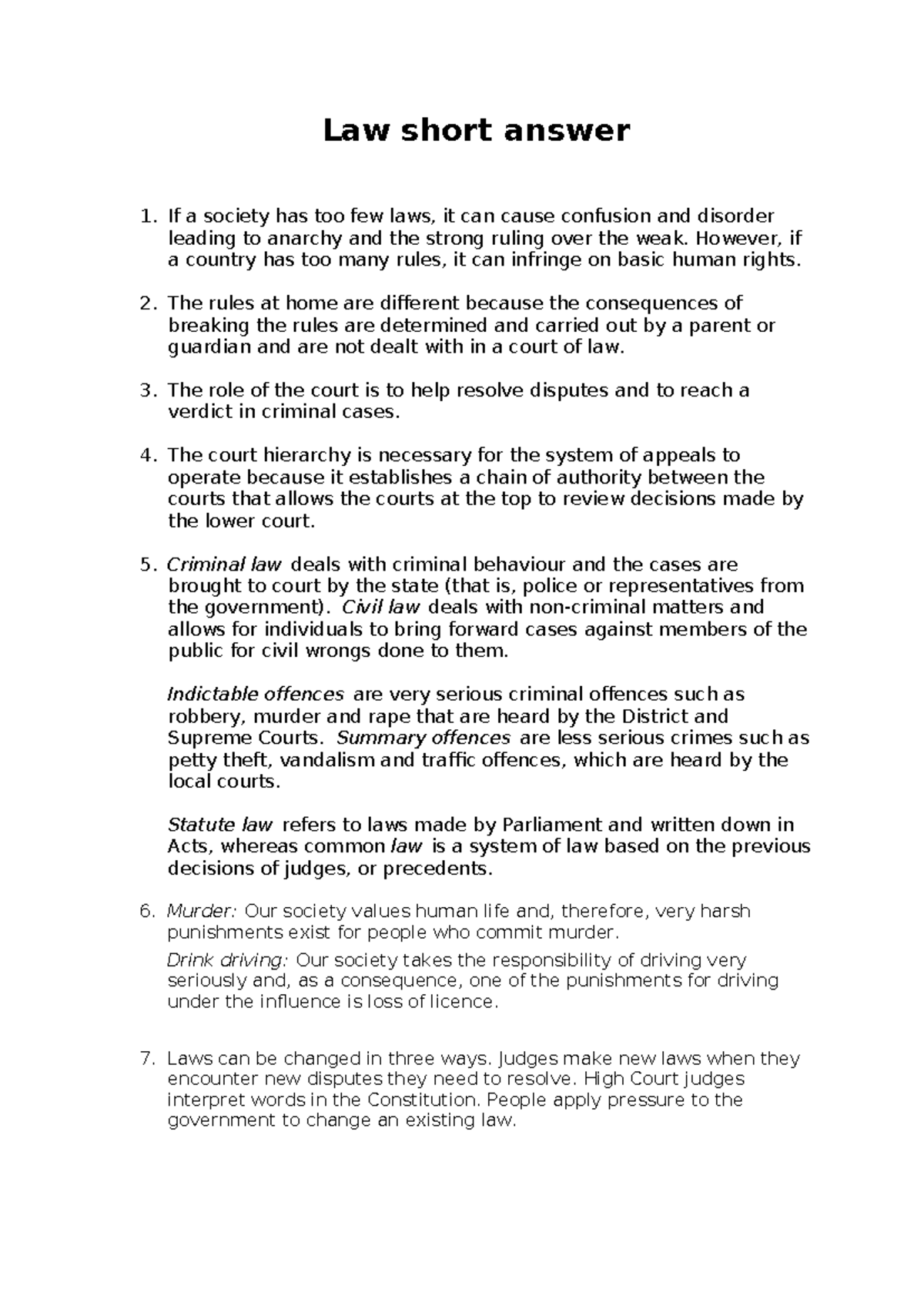 Law Short Answer Notes - Key Concepts and Legal Principles - Studocu