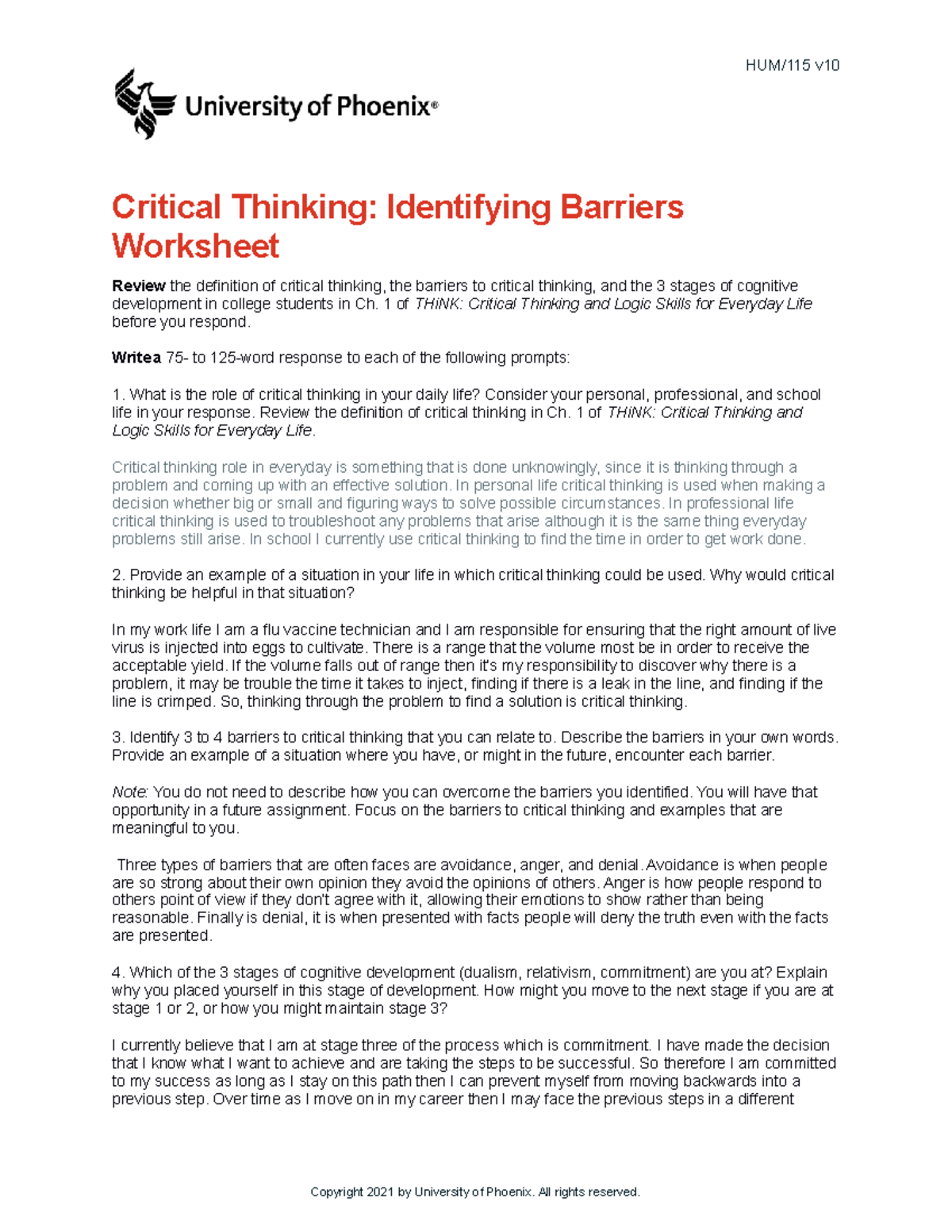 Hum115 v10 wk1 critical thinking identifying barriers worksheet - HUM ...