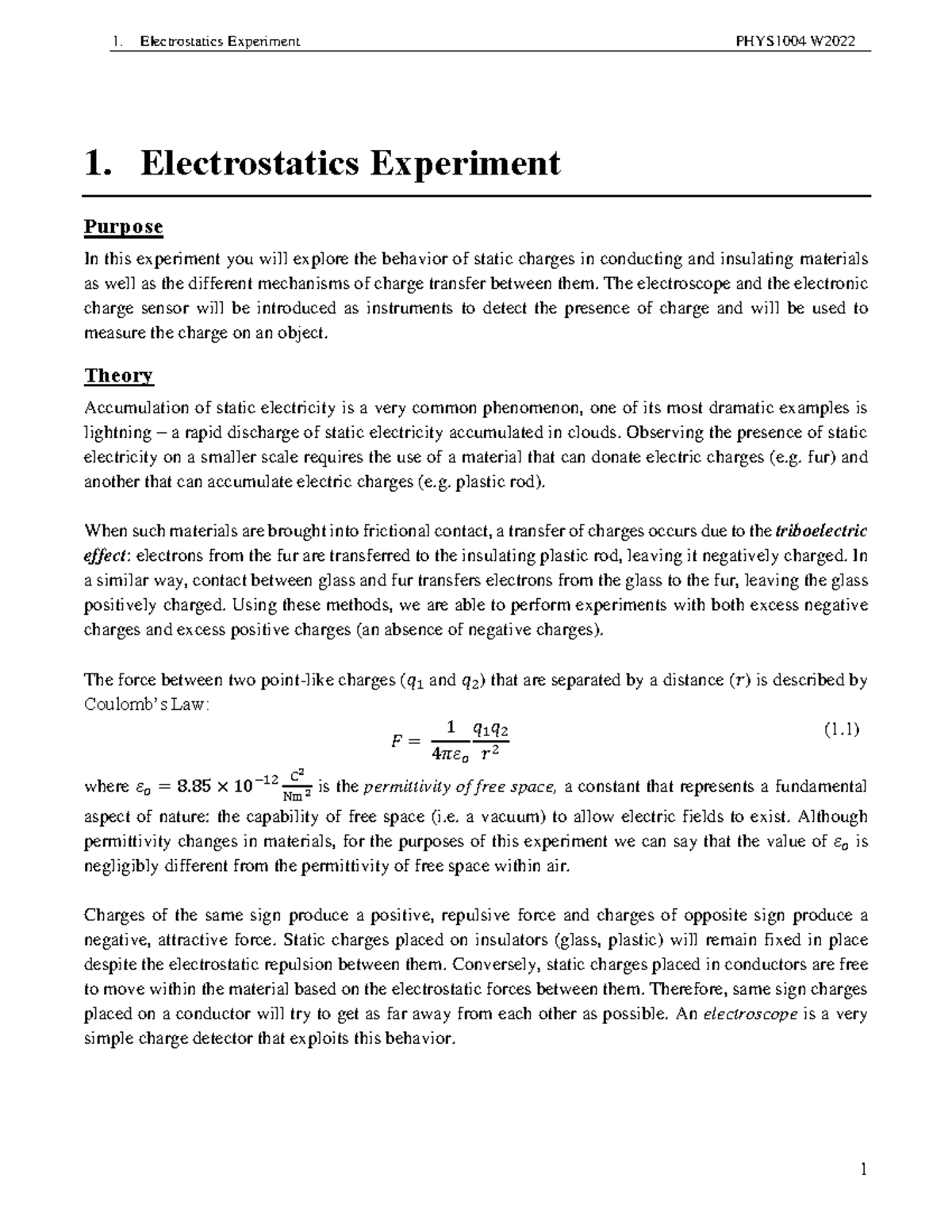 Electrostatics Experiment Manual PHYS1004 - Version 4 - Studocu