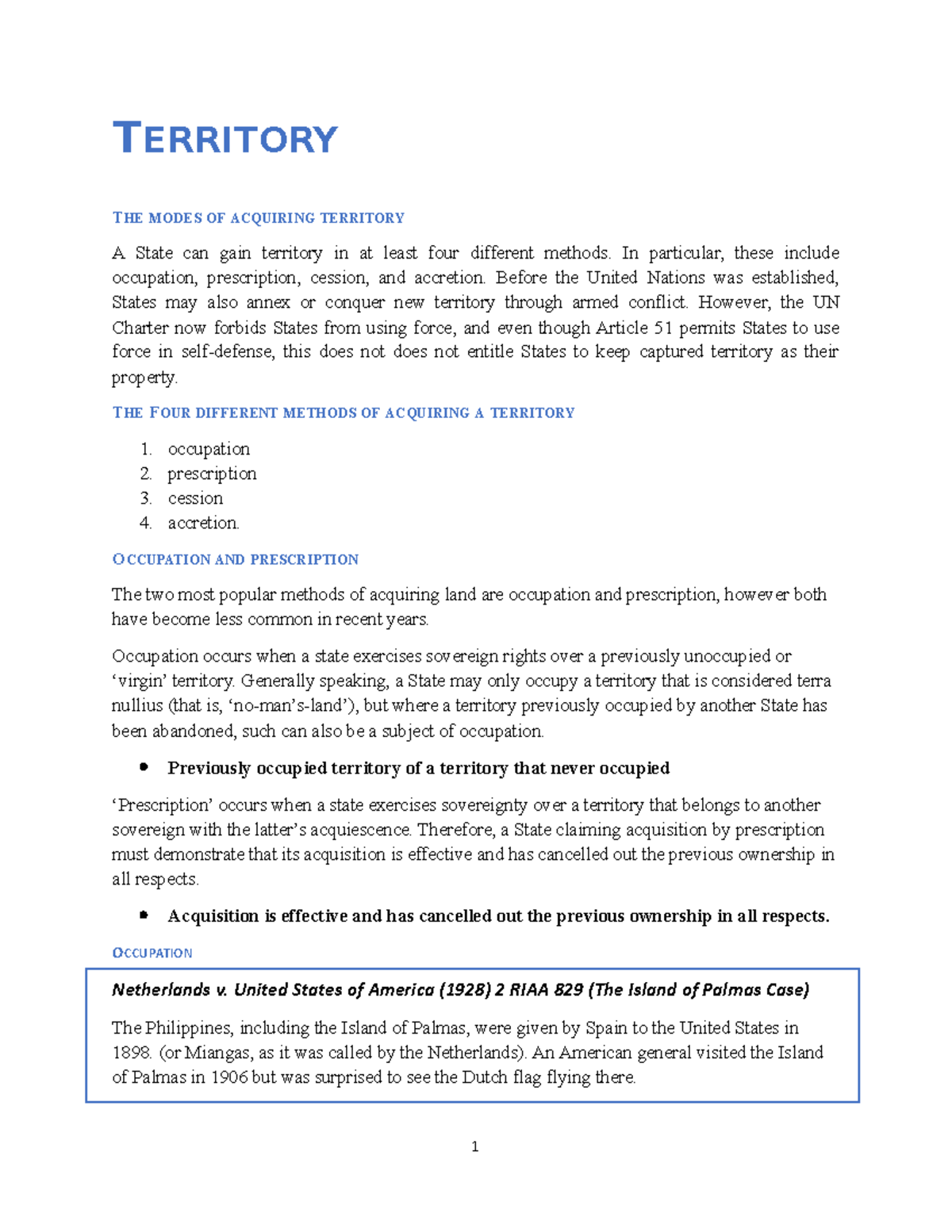Territory Acquisition Methods: Occupation, Prescription, and More - Studocu