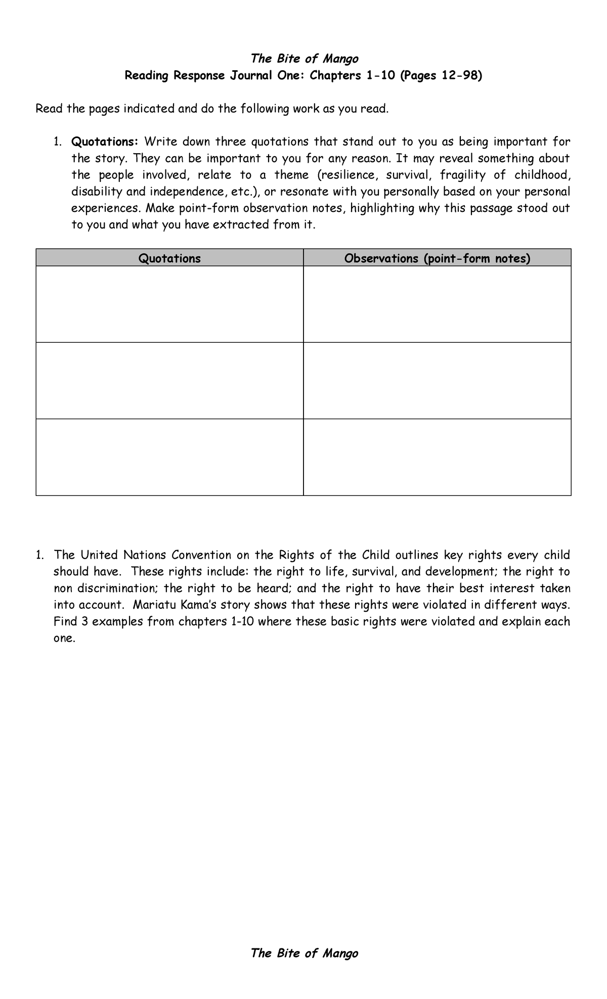 The Bite of Mango Reading Response Journal: Key Quotes & Rights ...