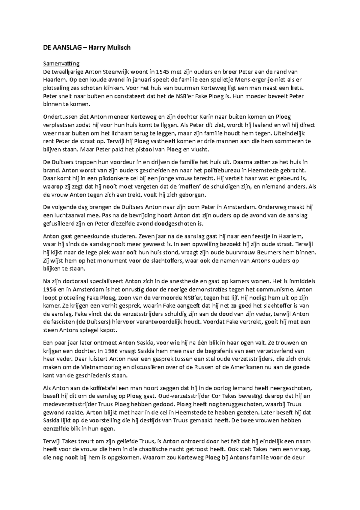 De Aanslag: Een Analyse van Harry Mulisch' Roman en Personages - Studeersnel