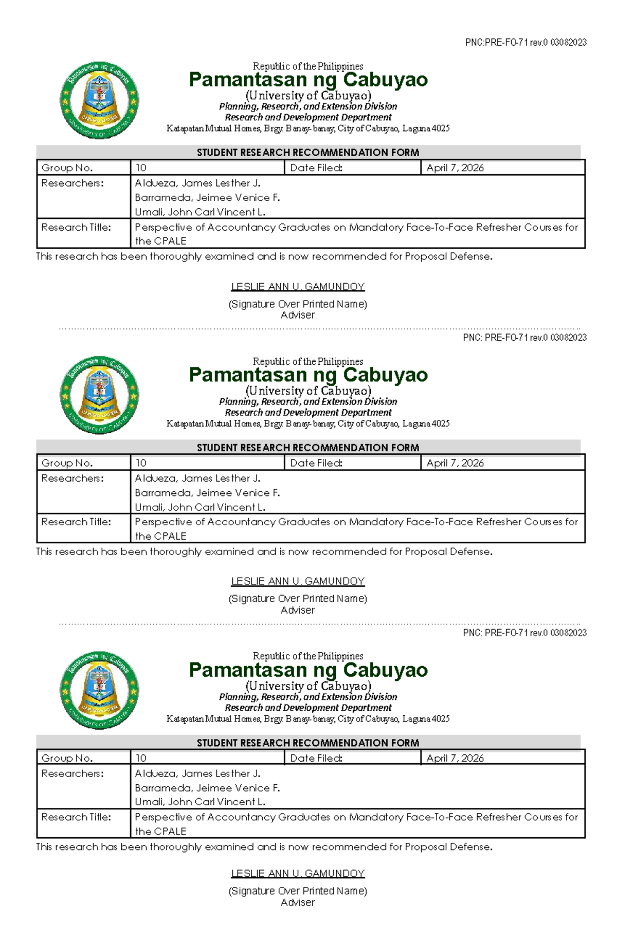 RECOMMENDATION FORM - THESIS: CPALE Refresher Courses Perspective - Studocu