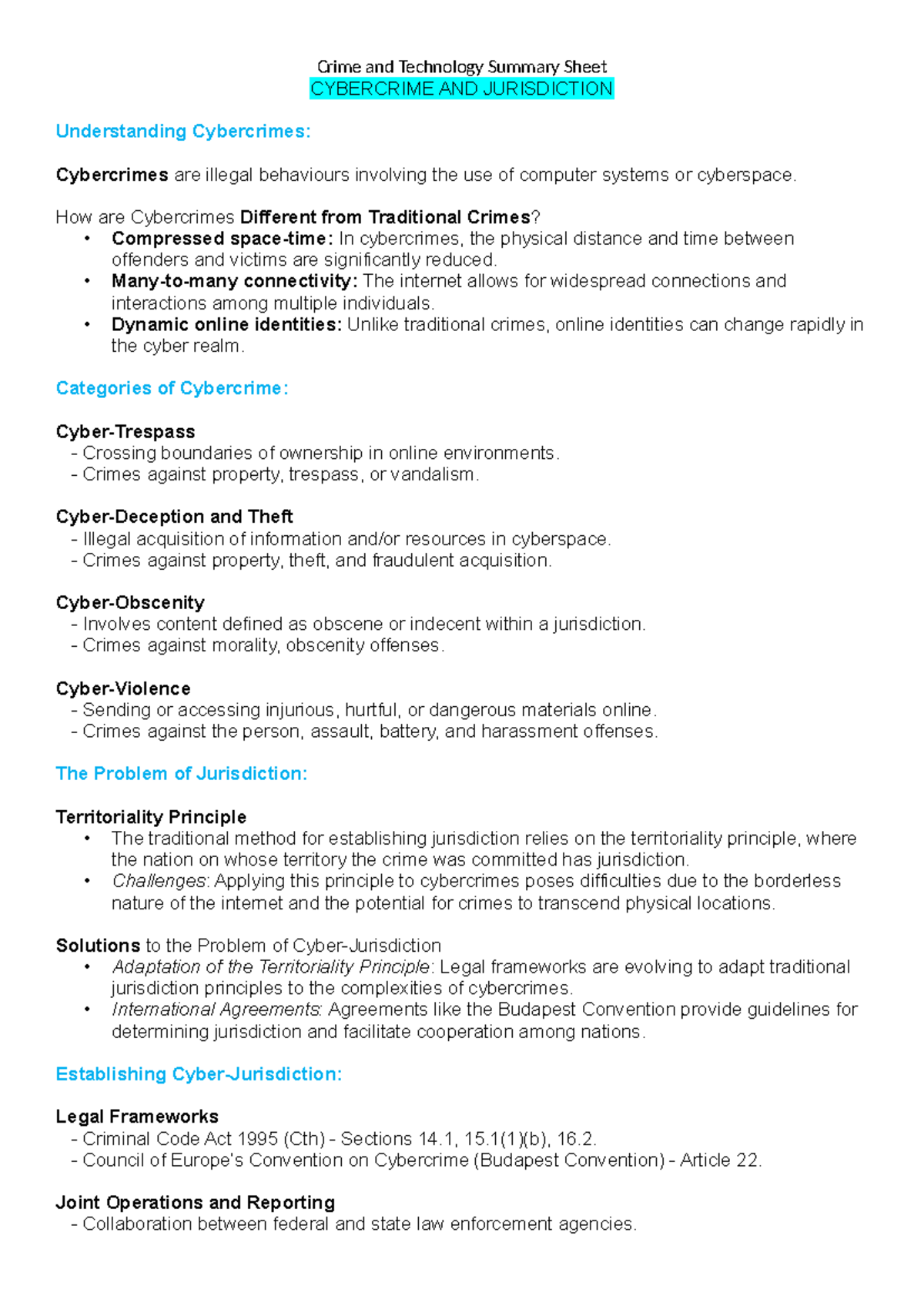 CRM303 Notes - Summary on Cybercrime, Jurisdiction & Legal Frameworks ...
